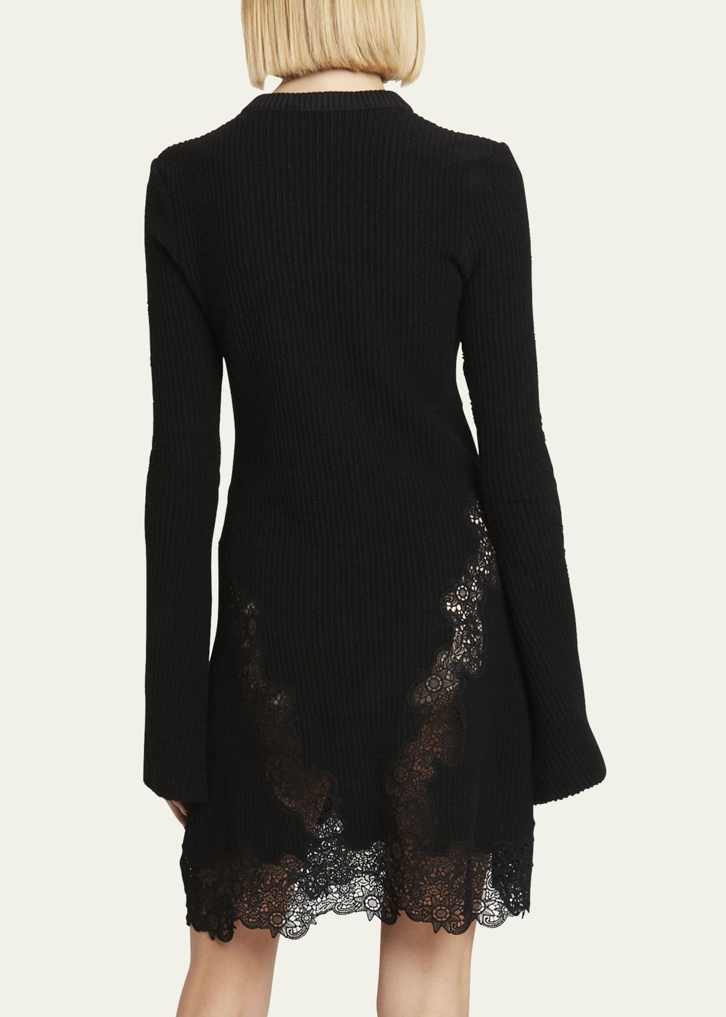 Chloe Lace Insert Flare-Sleeve Rib Short Dress - Bergdorf Goodman