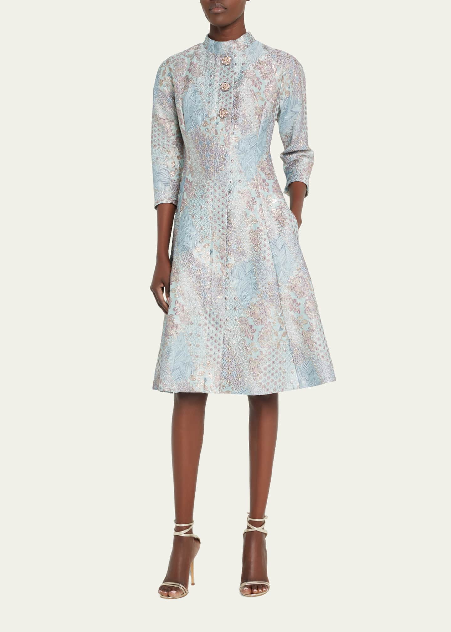 Rickie Freeman for Teri Jon 3/4-Sleeve Metallic Jacquard Midi Dress ...