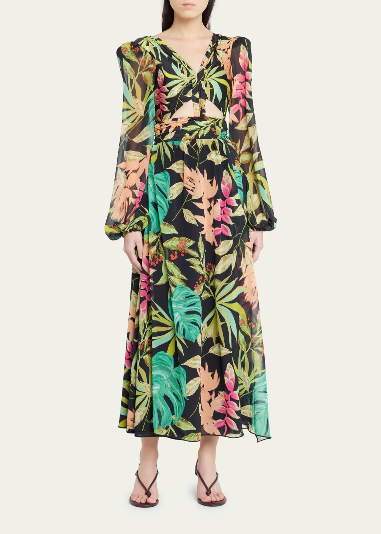 PatBO Tropicalia Cutout Blouson-Sleeve Maxi Dress - Bergdorf Goodman