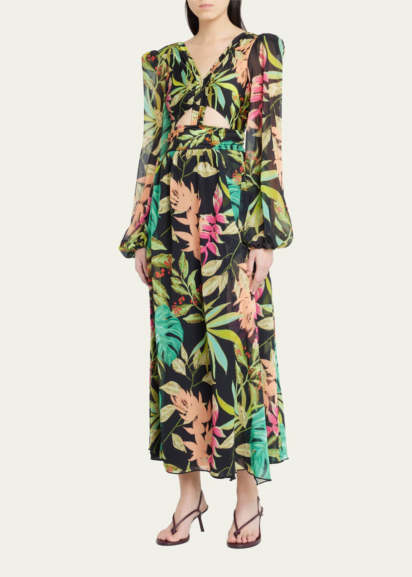 PatBO Tropicalia Cutout Blouson-Sleeve Maxi Dress - Bergdorf Goodman
