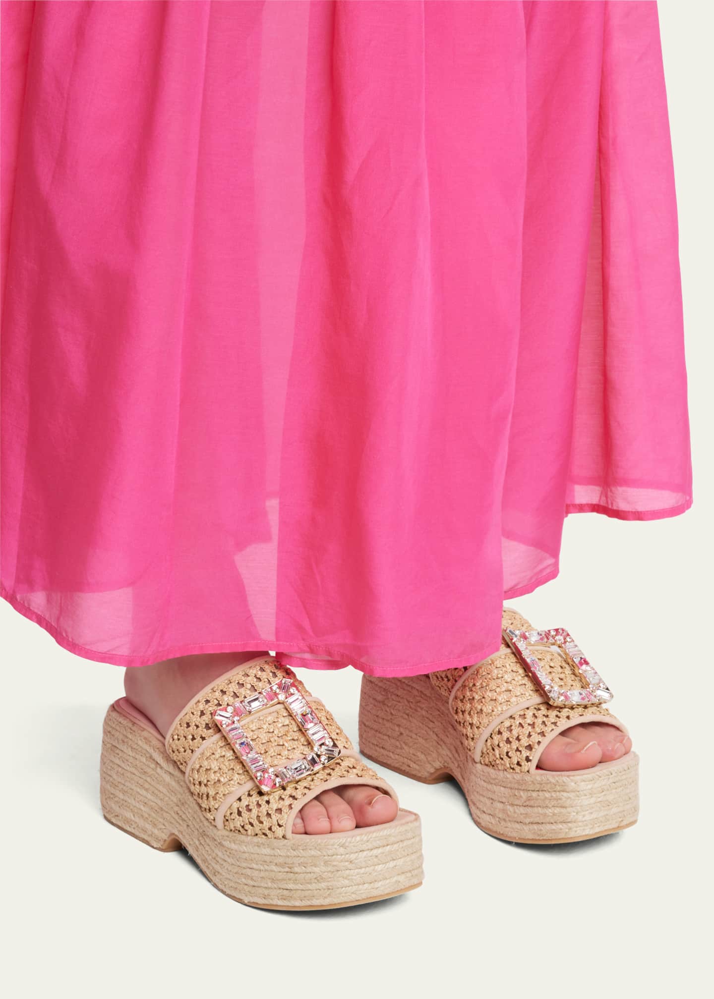 Roger Vivier Raffia Crystal-Buckle Platform Espadrilles - Bergdorf Goodman