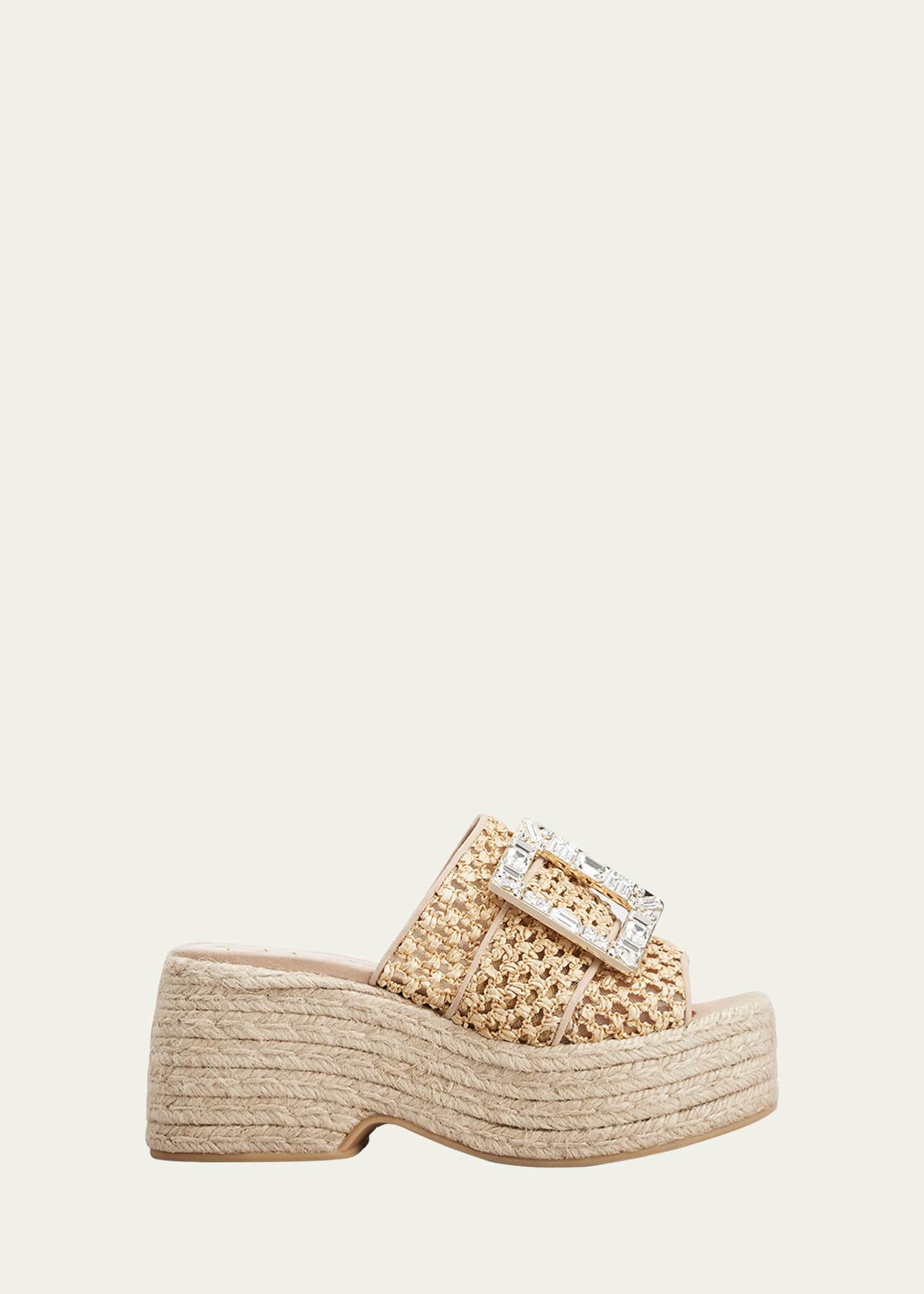 Roger Vivier Raffia Crystal-Buckle Platform Espadrilles - Bergdorf Goodman