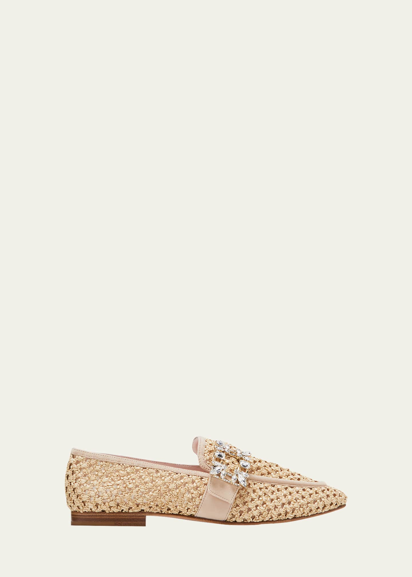 Roger Vivier Raffia Crystal-Buckle Flat Loafers - Bergdorf Goodman