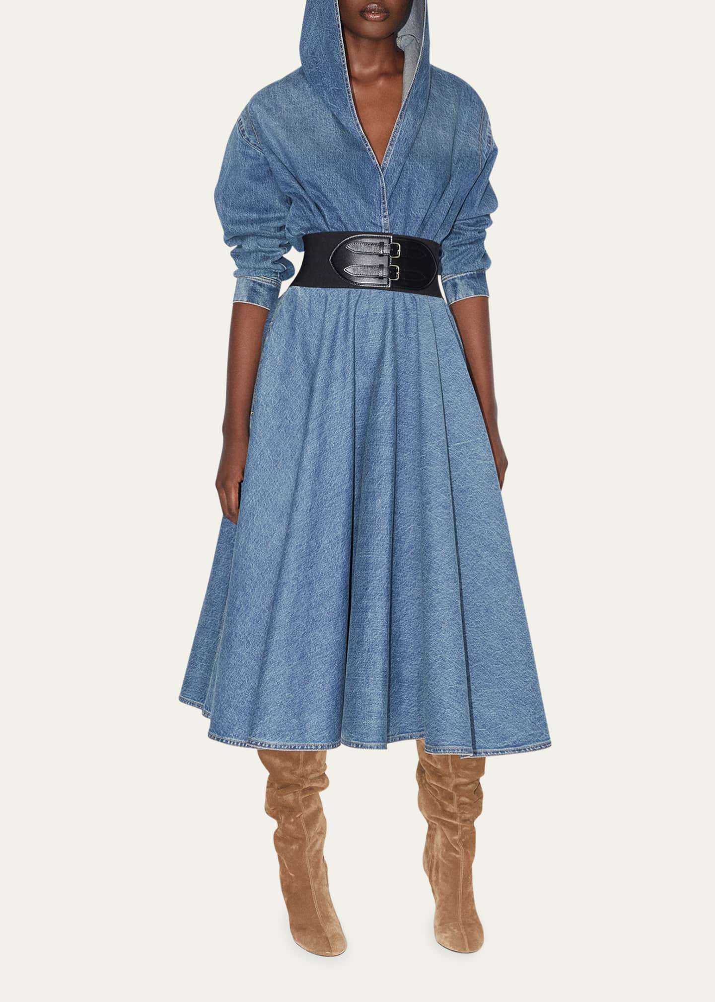 ALAIA Belted Flare Denim Midi Skirt - Bergdorf Goodman