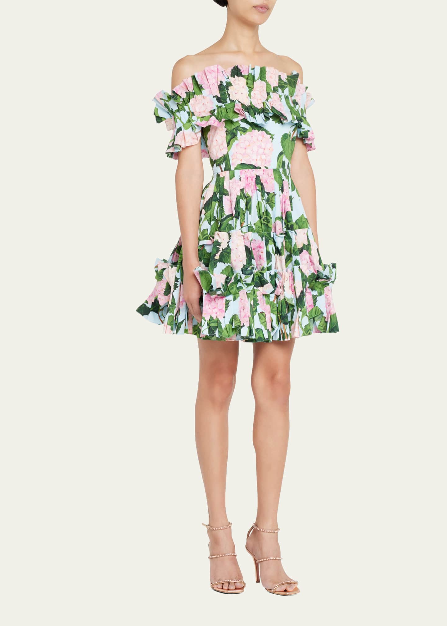 Oscar De La Renta Off Shoulder Hydrangea Print Ruffled Mini Dress
