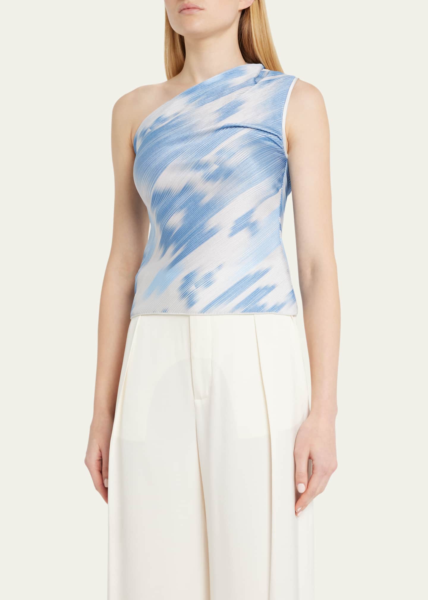 Giorgio Armani Abstract-Print One-Shoulder Plisse Blouse - Bergdorf Goodman