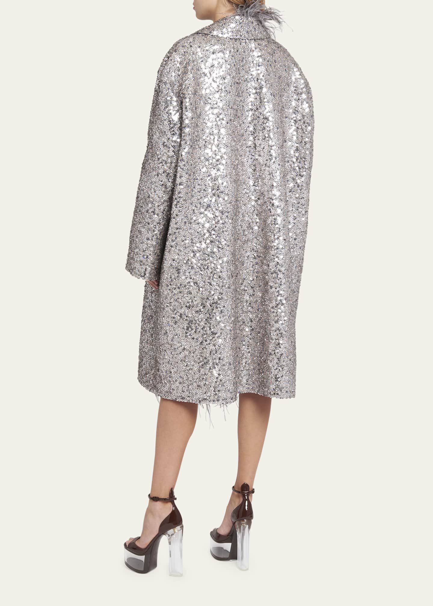 Valentino Garavani Sequin Embroidered Long Coat with Feather Trim ...