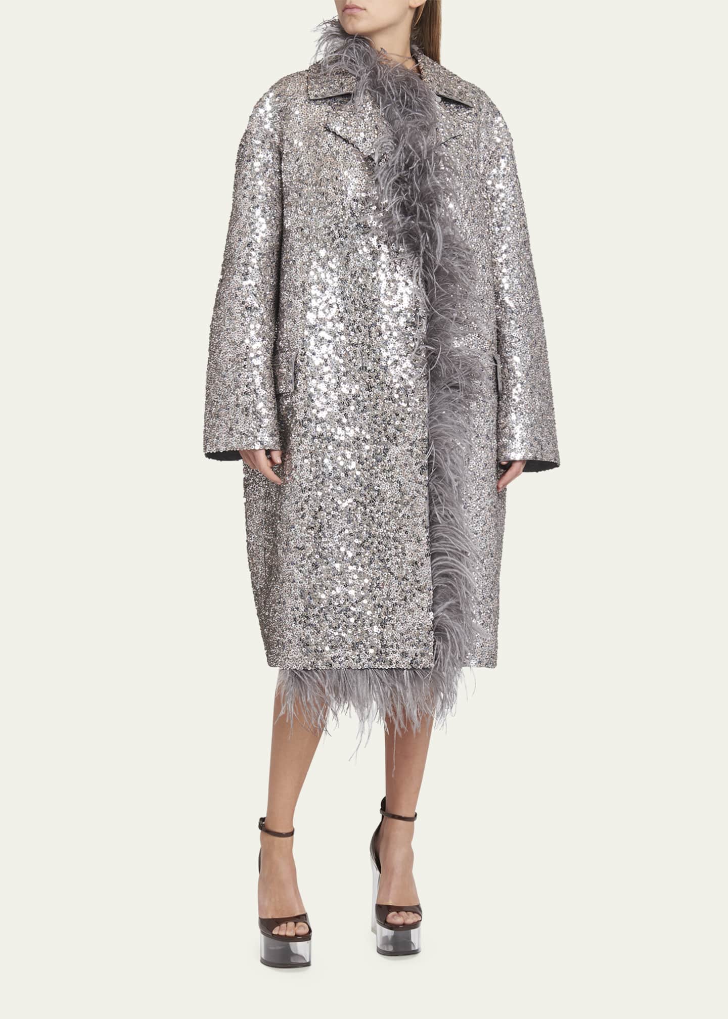 Valentino Garavani Sequin Embroidered Long Coat with Feather Trim ...