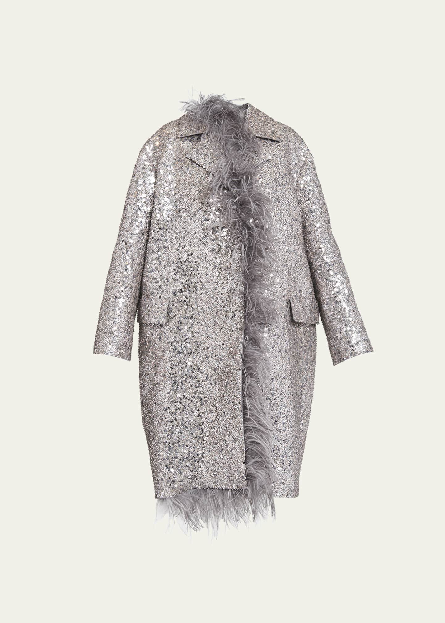 Valentino Garavani Sequin Embroidered Long Coat with Feather Trim ...