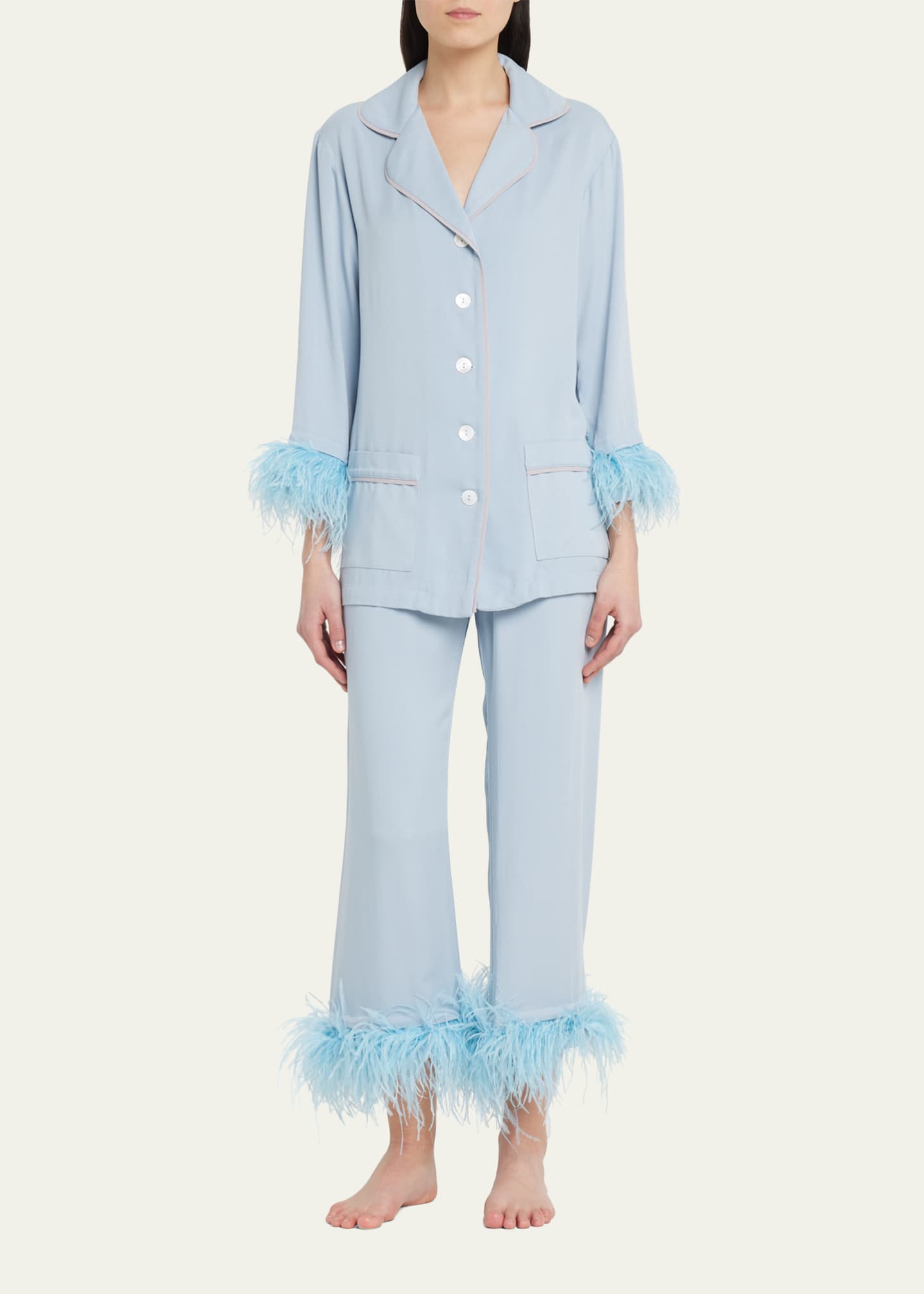 Sleeper Cropped Feather-Trim Party Pajama Set - Bergdorf Goodman