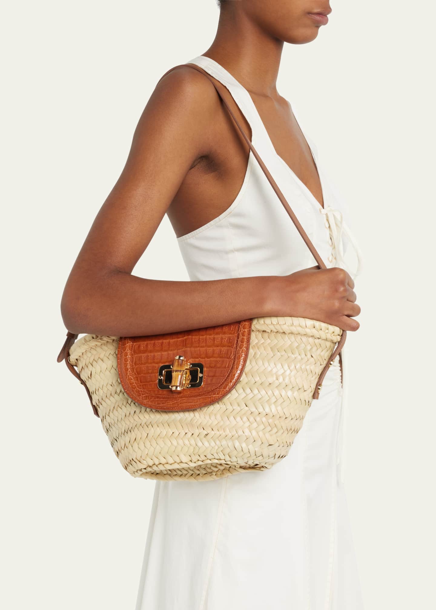 Maria Oliver Valentina Raffia & Crocodile Shoulder Bag - Bergdorf Goodman