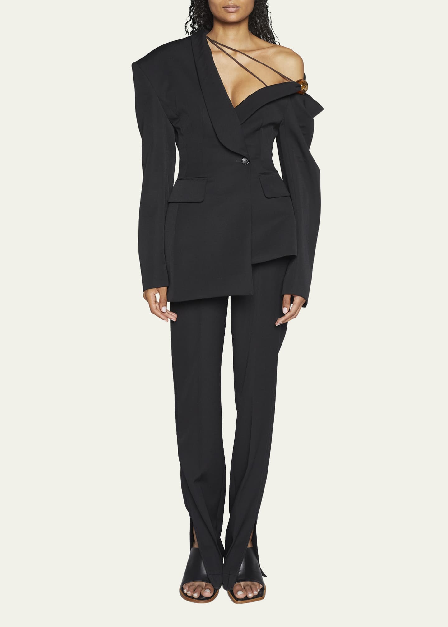 Jacquemus Baska Asymmetric Strappy Off-Shoulder Single-Breasted Blazer ...