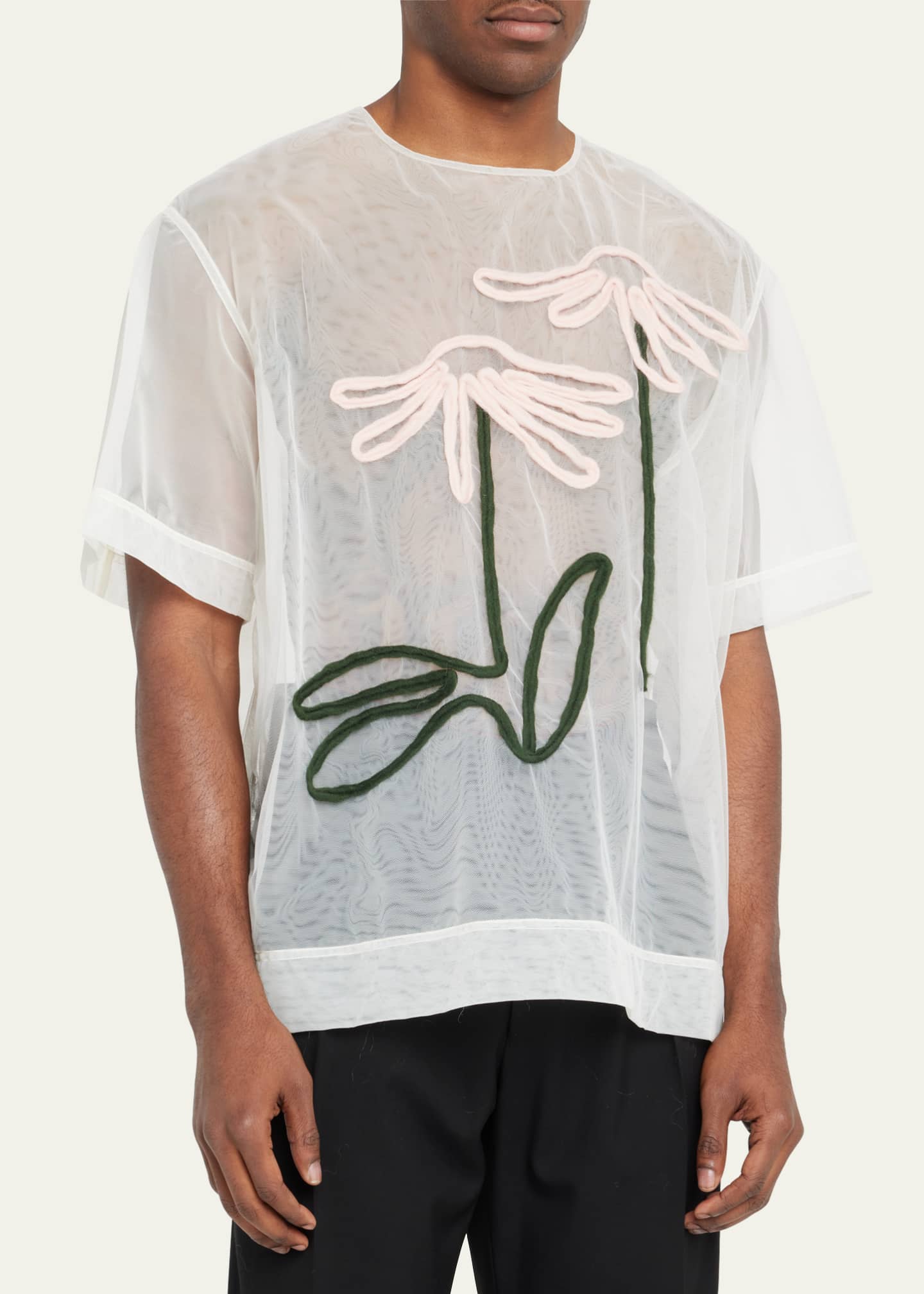 Simone Rocha Men's Flower Embroidered Tulle Overlay Shirt - Bergdorf ...