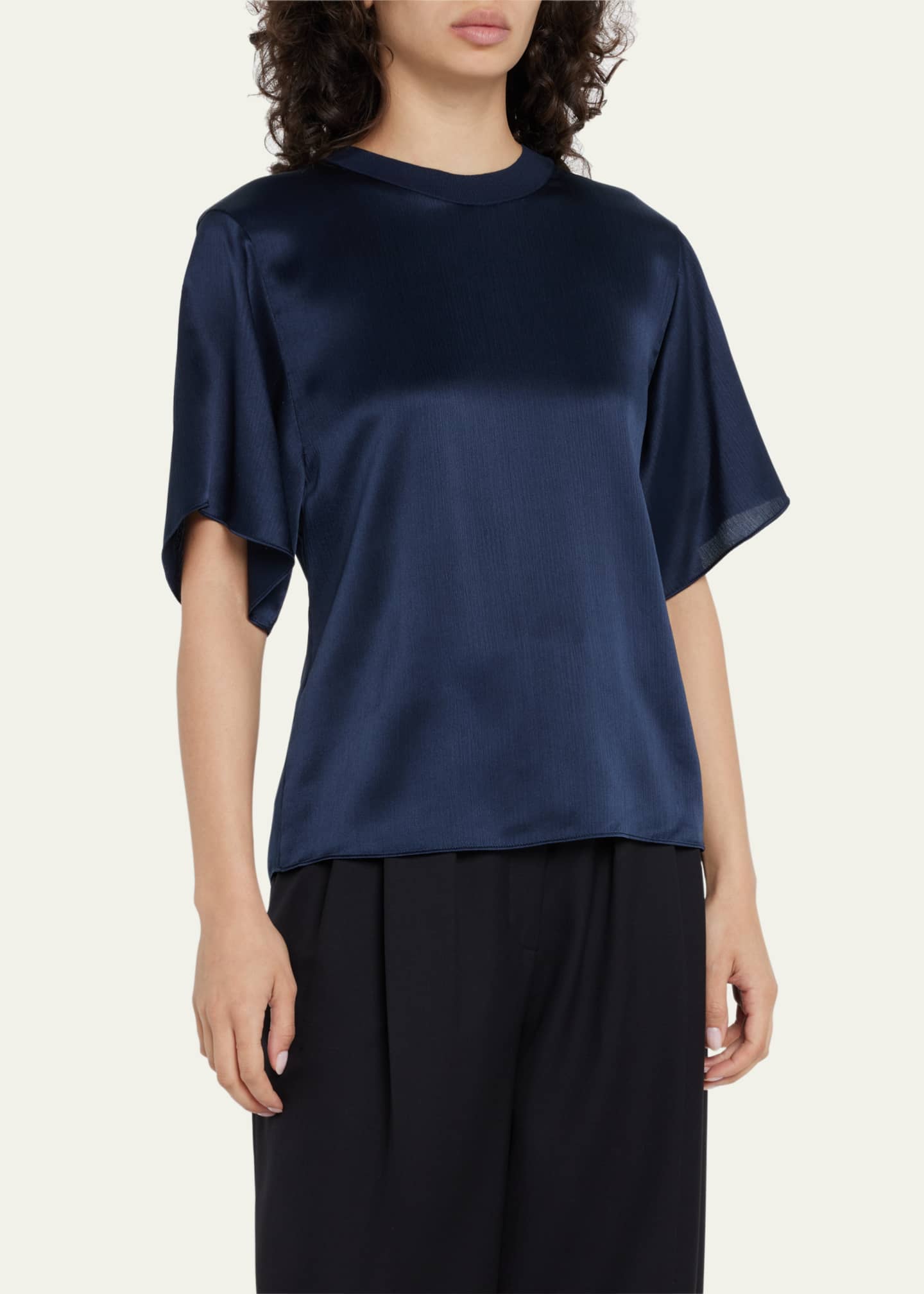 Vince Silk Short-Sleeve Ribbed-Trim Crewneck Top - Bergdorf Goodman
