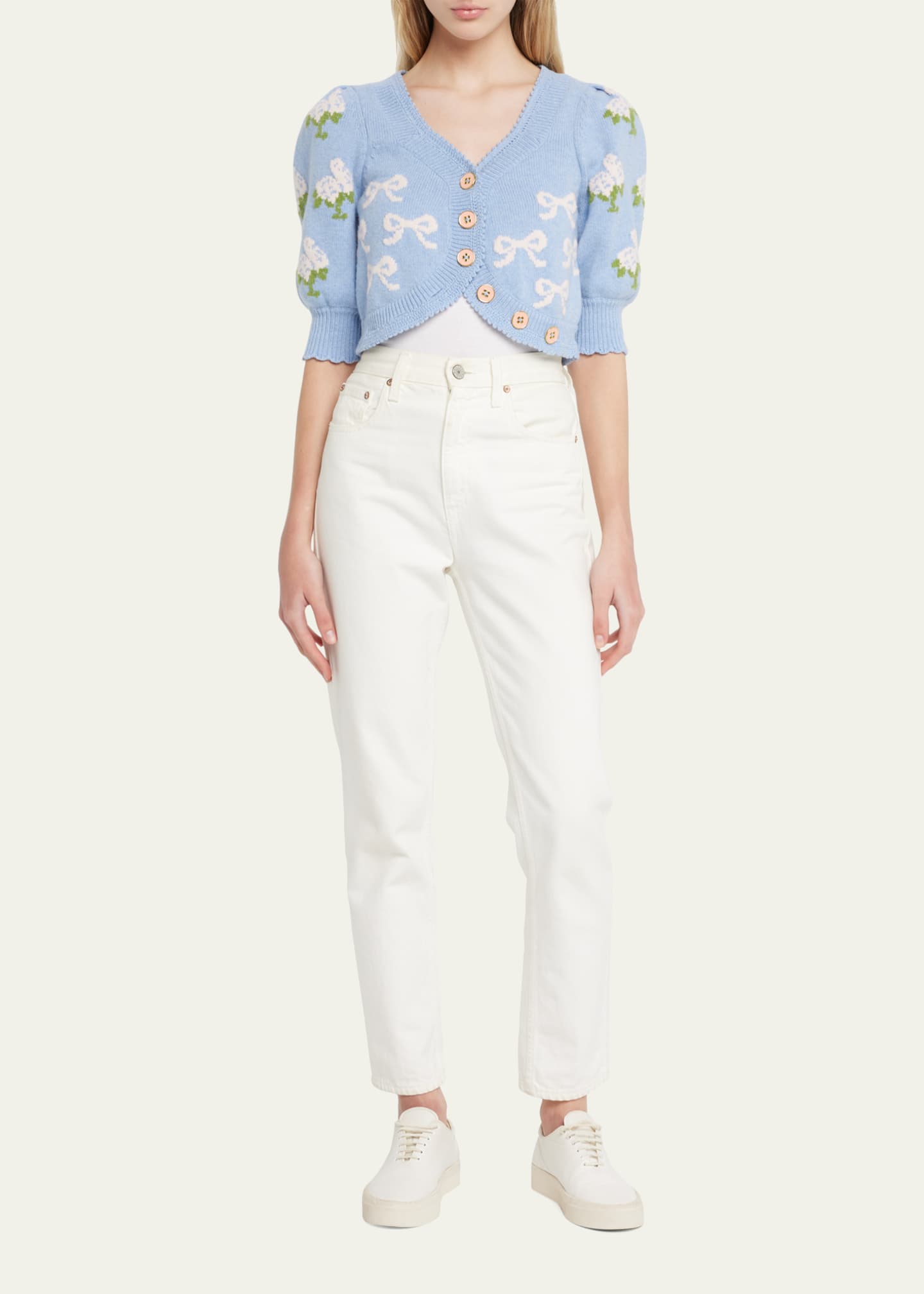 LoveShackFancy Malibu Short Bishop-Sleeve Floral Cropped Cardigan ...