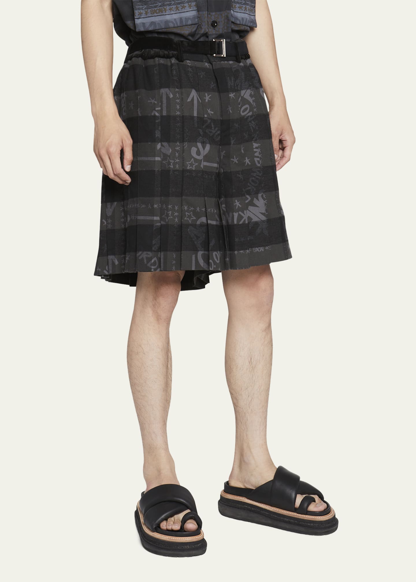 SACAI Men's x Eric Haze Pleated Stripe Kilt Shorts - Bergdorf Goodman