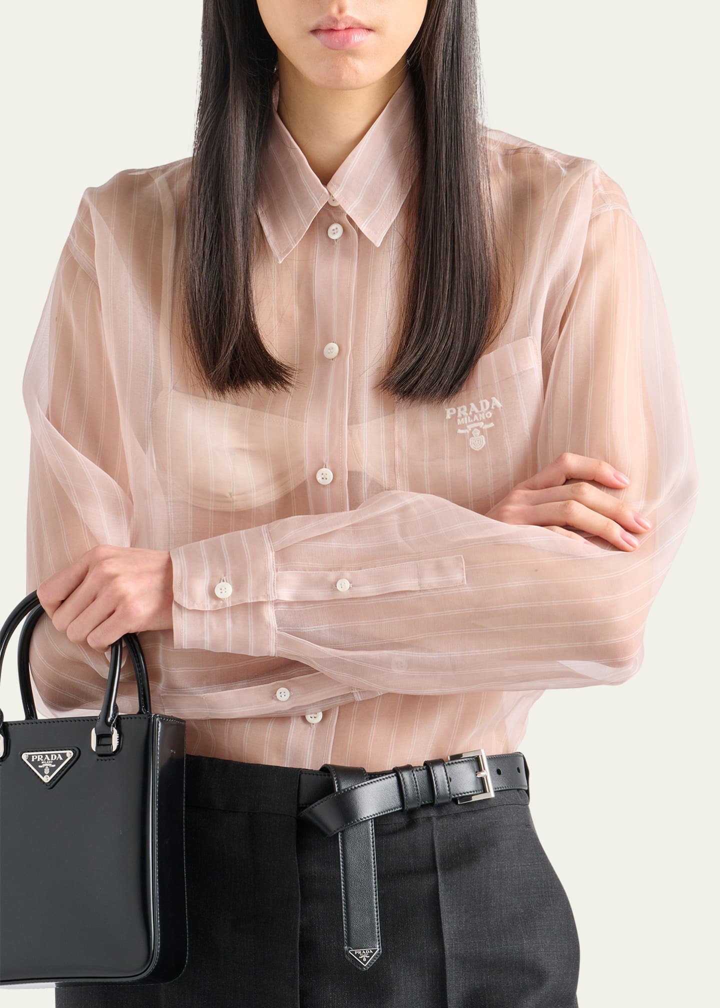 Prada Logo-Print Organza Stripe Blouse - Bergdorf Goodman