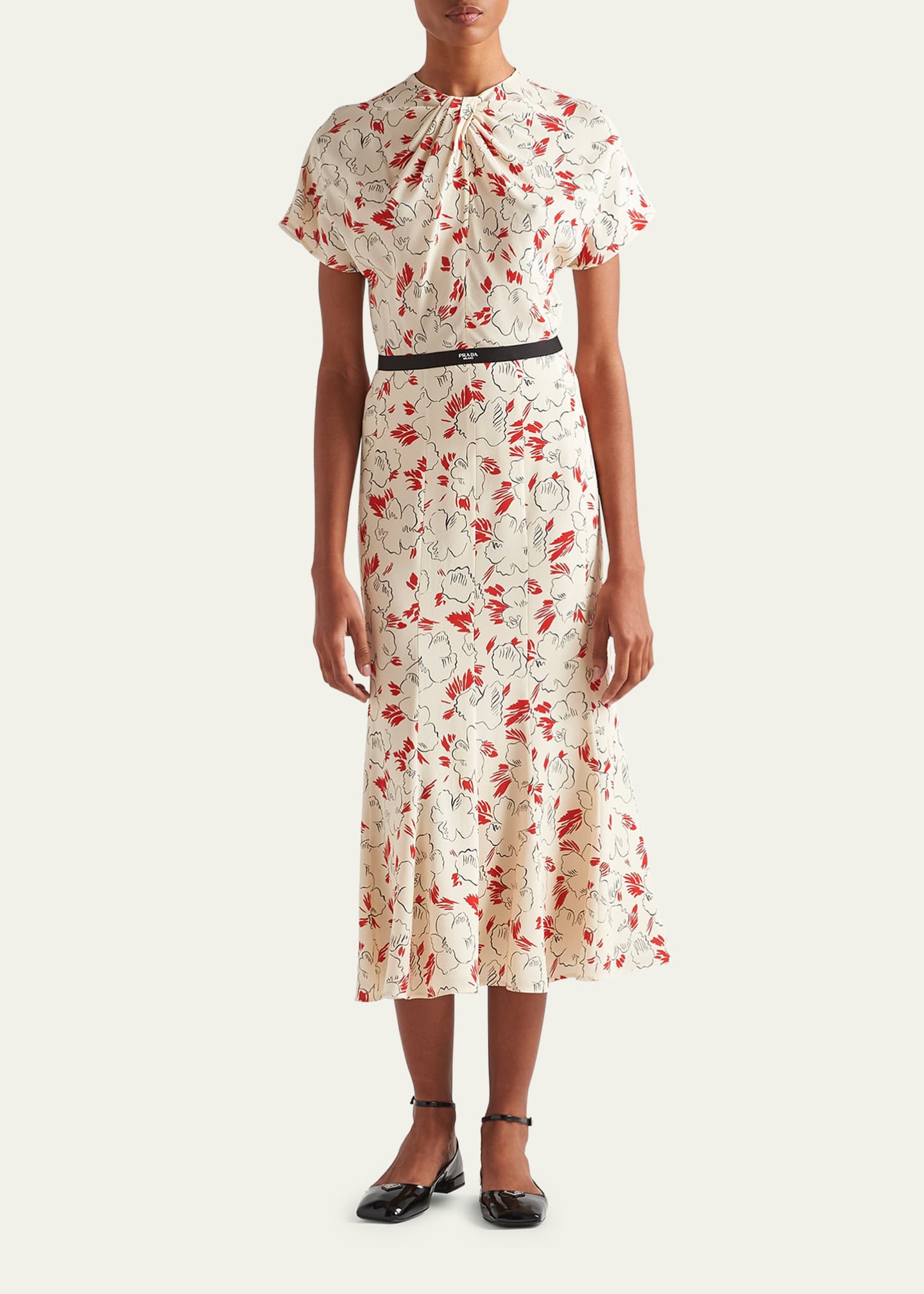 Prada Floral-Print Gathered Midi Dress - Bergdorf Goodman