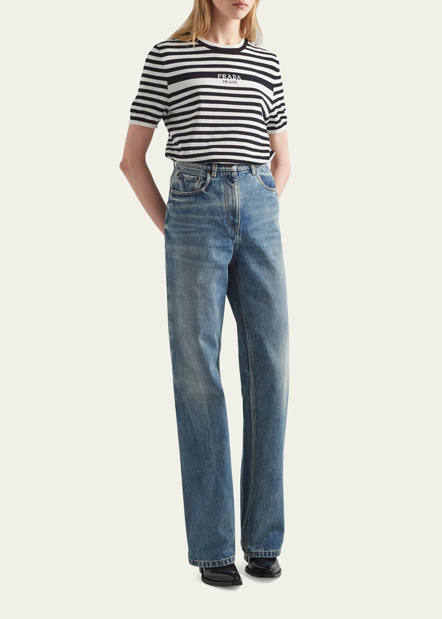 Prada Stripe Logo-Intarsia Short-Sleeve Top - Bergdorf Goodman