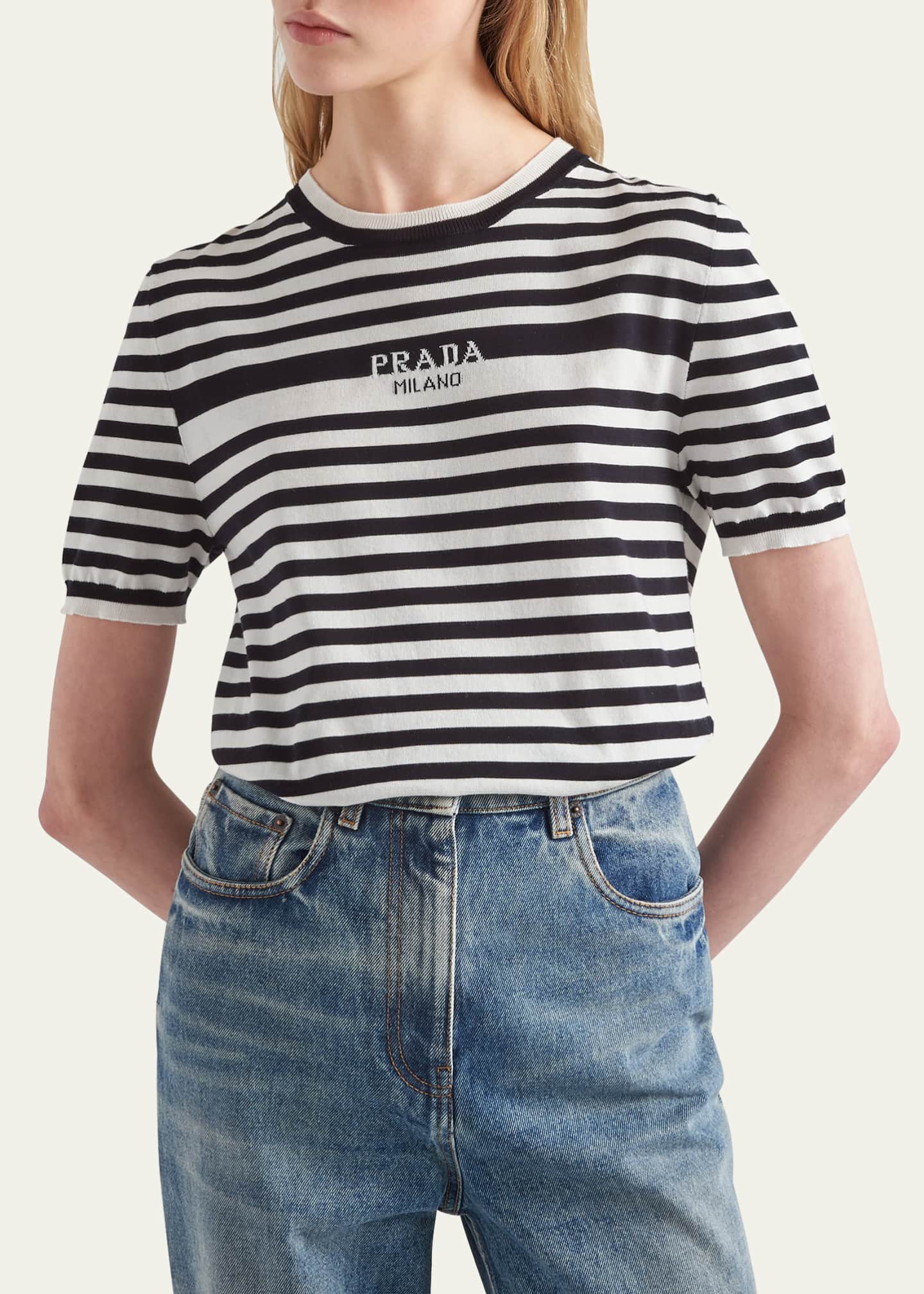 Prada Stripe Logo-Intarsia Short-Sleeve Top - Bergdorf Goodman