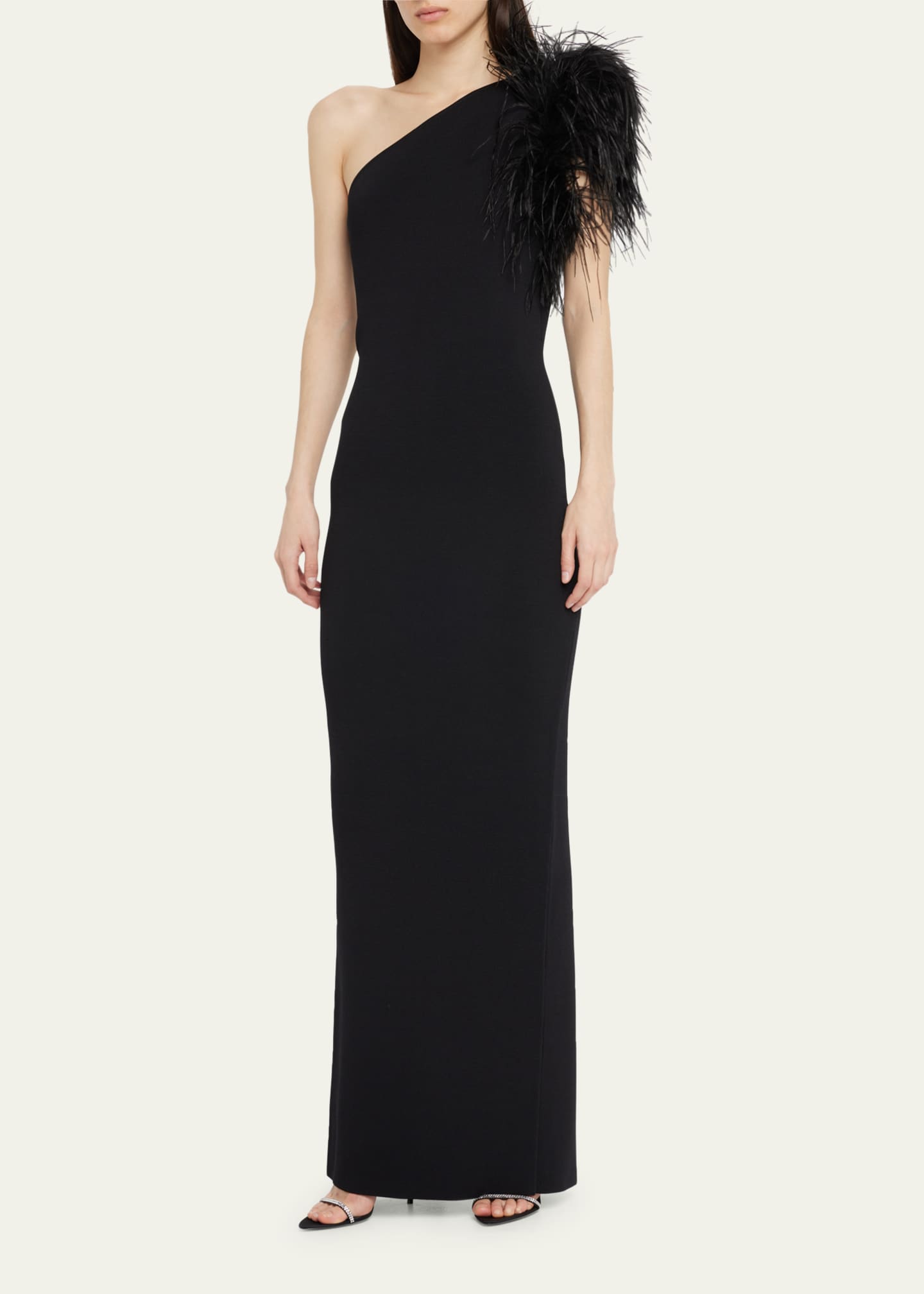 Rachel Gilbert Elcie One-Shoulder Column Gown with Feathers - Bergdorf ...