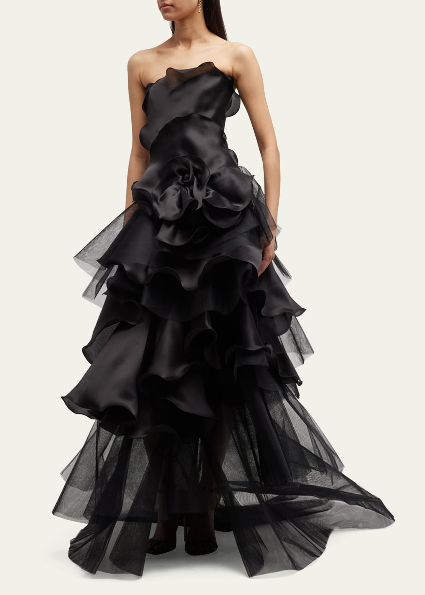 Marchesa Tiered Column Gown with Satin-Faced Rose Detail - Bergdorf Goodman