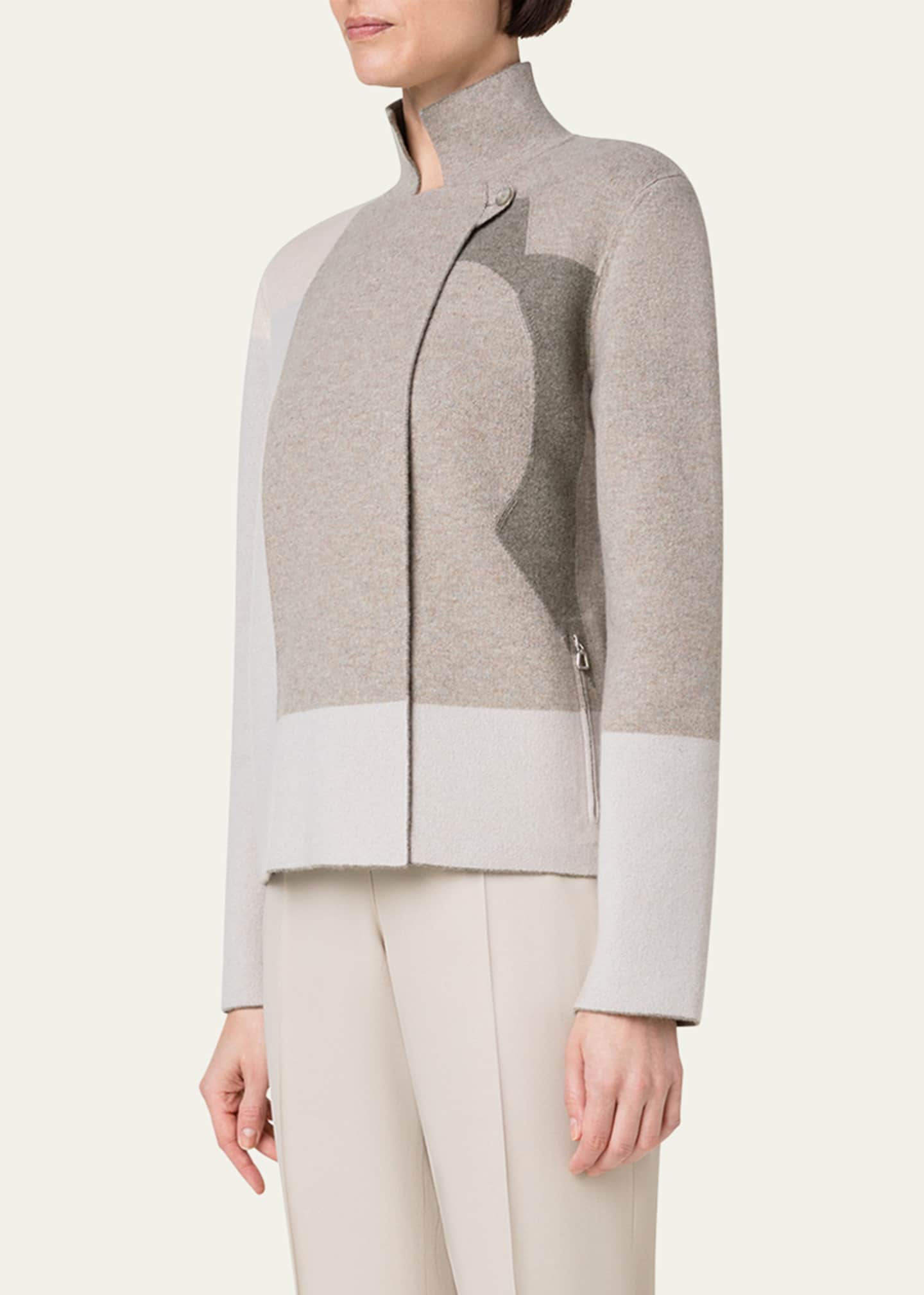 Akris Cashmere Knit Jacket with Neutral Block Intarsia Detail ...