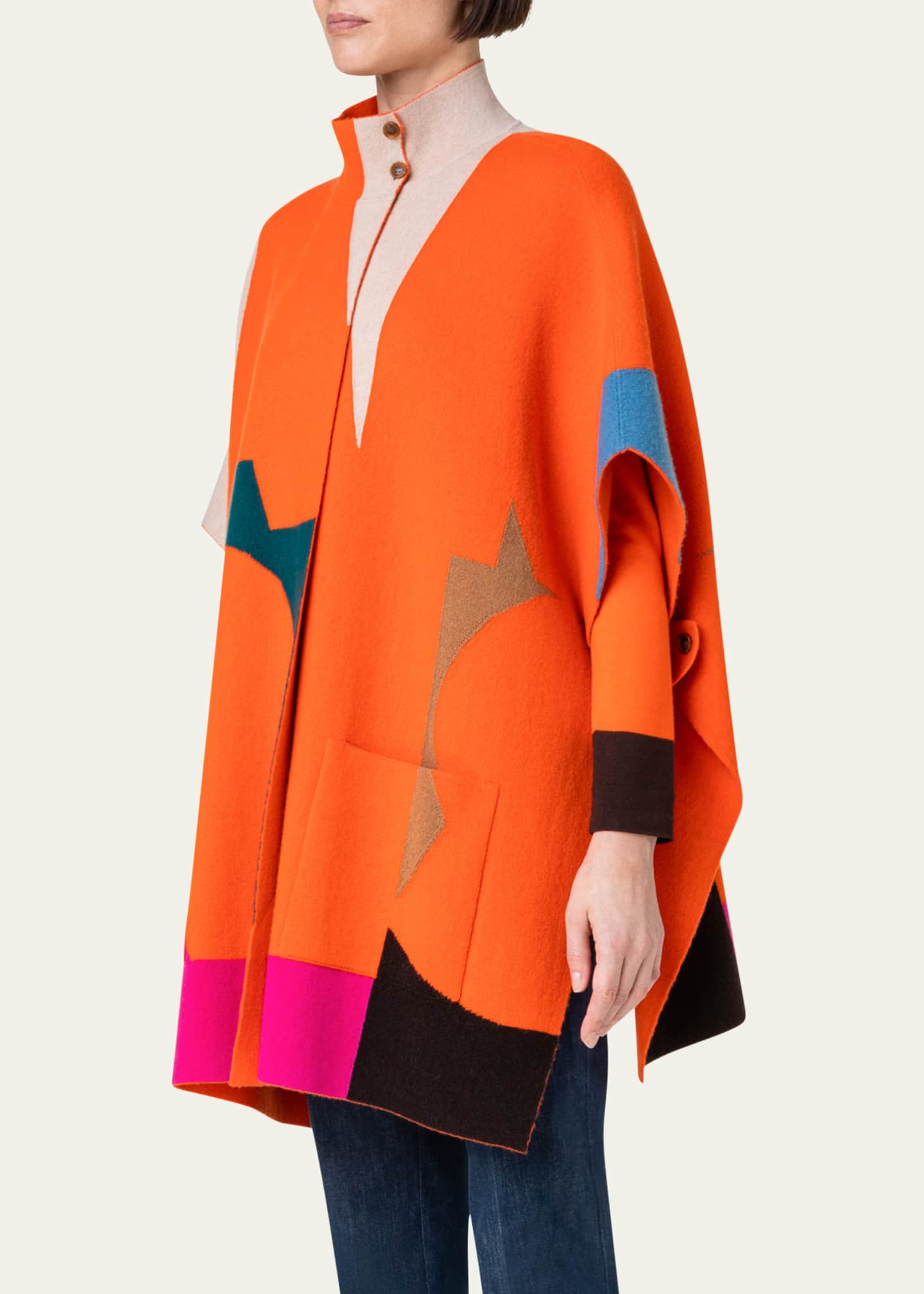 Akris Reversible Cashmere Knit Cape with Colorblock Intarsia Detail ...