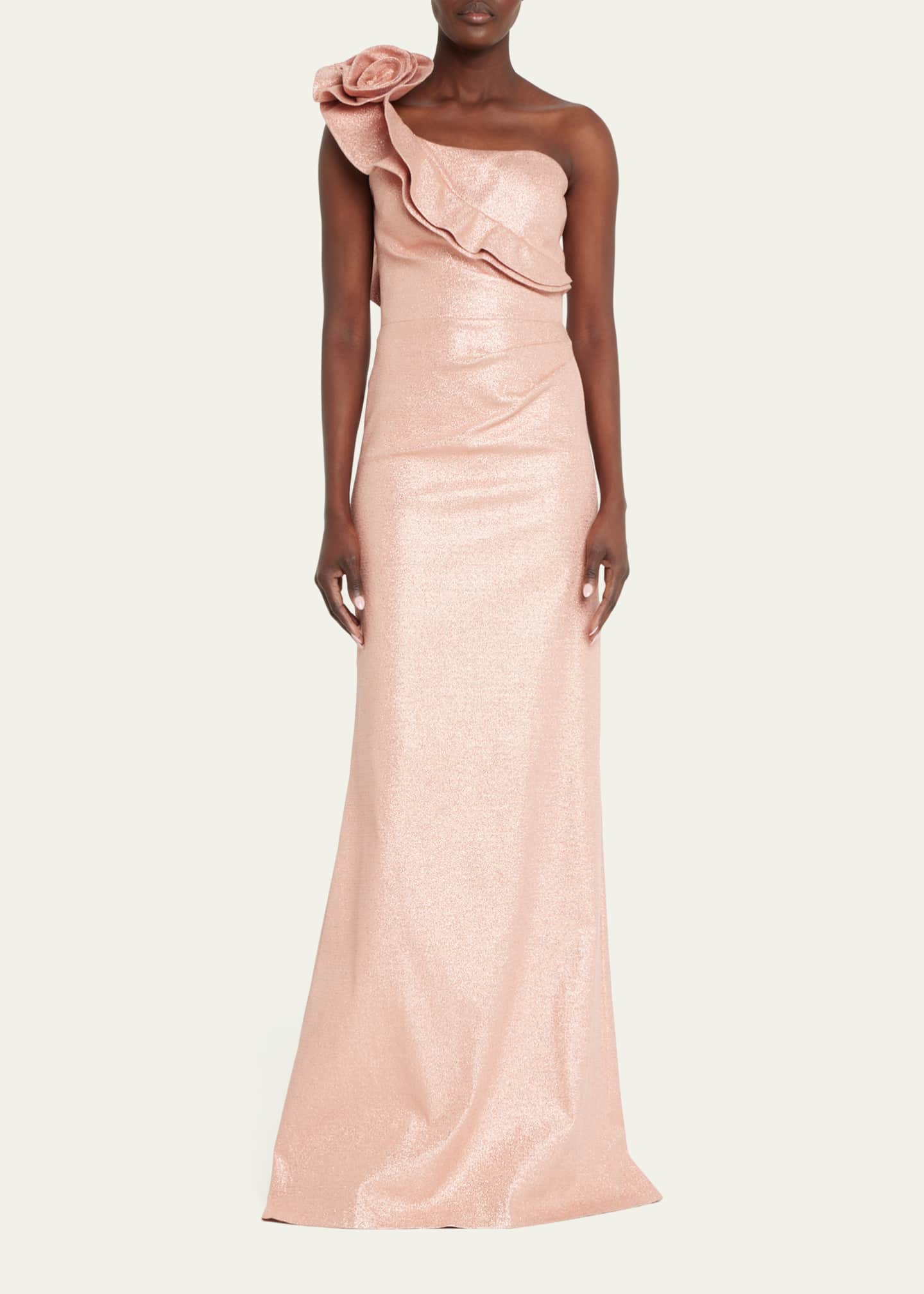 Rickie Freeman for Teri Jon One-Shoulder Metallic Jacquard Flower Gown ...