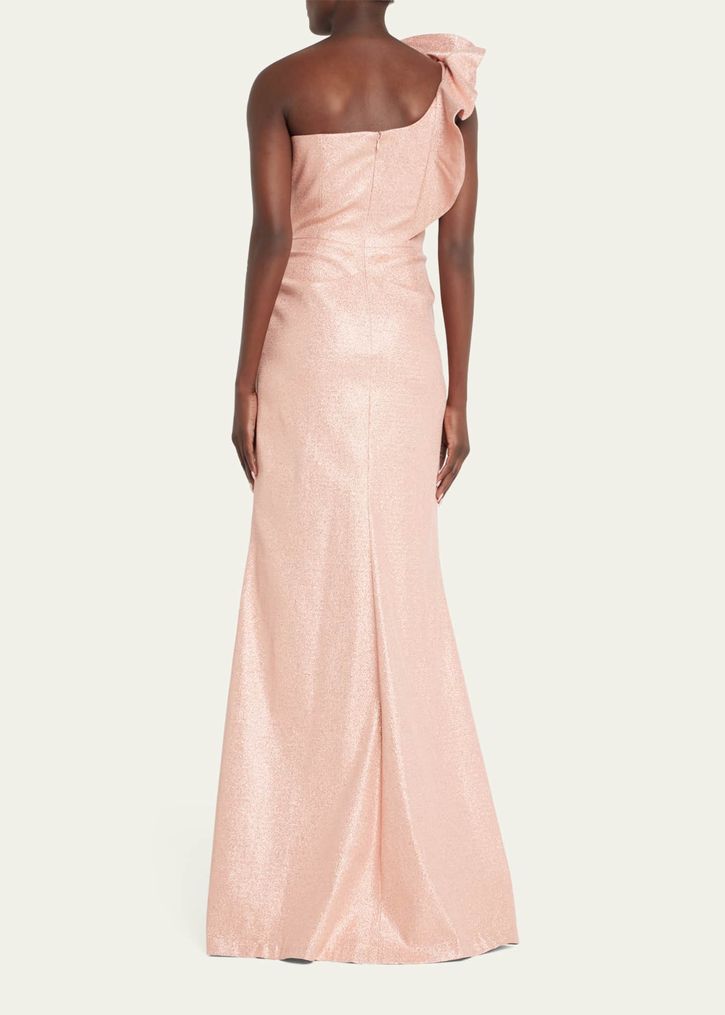 Rickie Freeman for Teri Jon One-Shoulder Metallic Jacquard Flower Gown ...