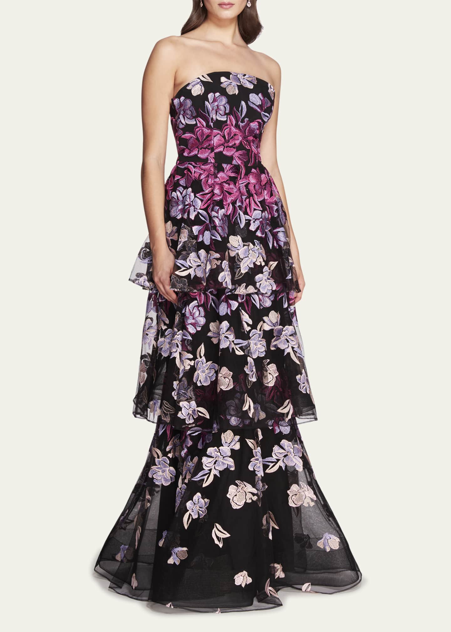 Marchesa Notte Tiered Strapless Embroidered Tulle Gown - Bergdorf Goodman