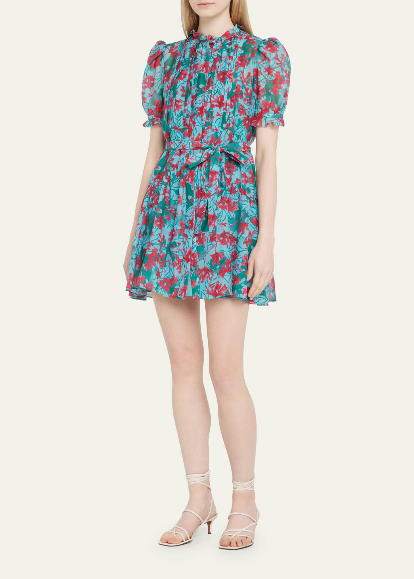 Saloni Penny Puff-Sleeve Pintuck-Bib Sash-Tie Mini Dress - Bergdorf Goodman