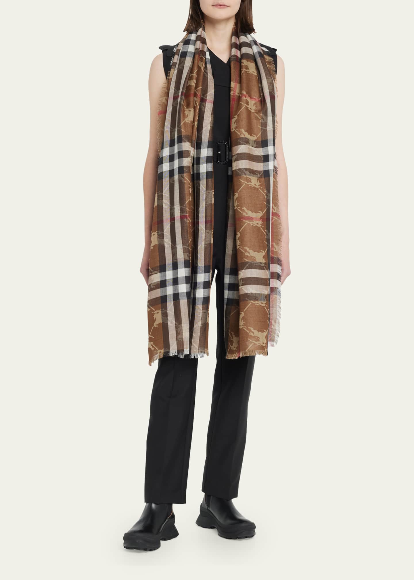 Burberry Equestrian Knight Lattice & Check Wool-Silk Scarf - Bergdorf ...