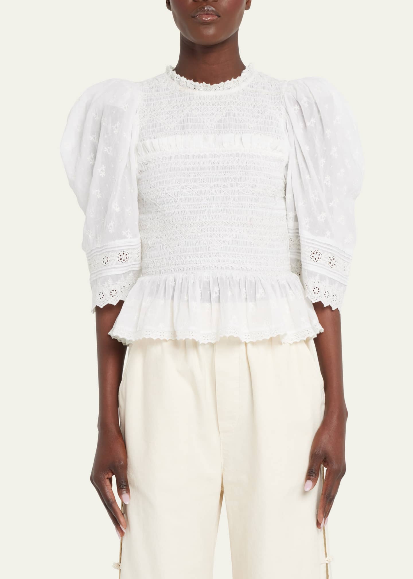 Sea Olga Smocked Puff-Sleeve Top - Bergdorf Goodman