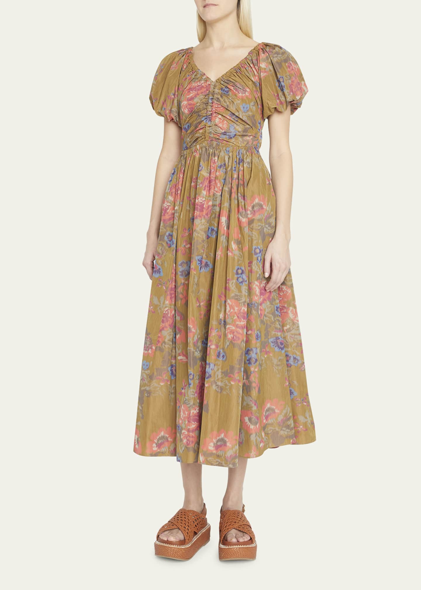 Ulla Johnson Cecile Gathered Puff-Sleeve Warped Taffeta Midi Dress ...