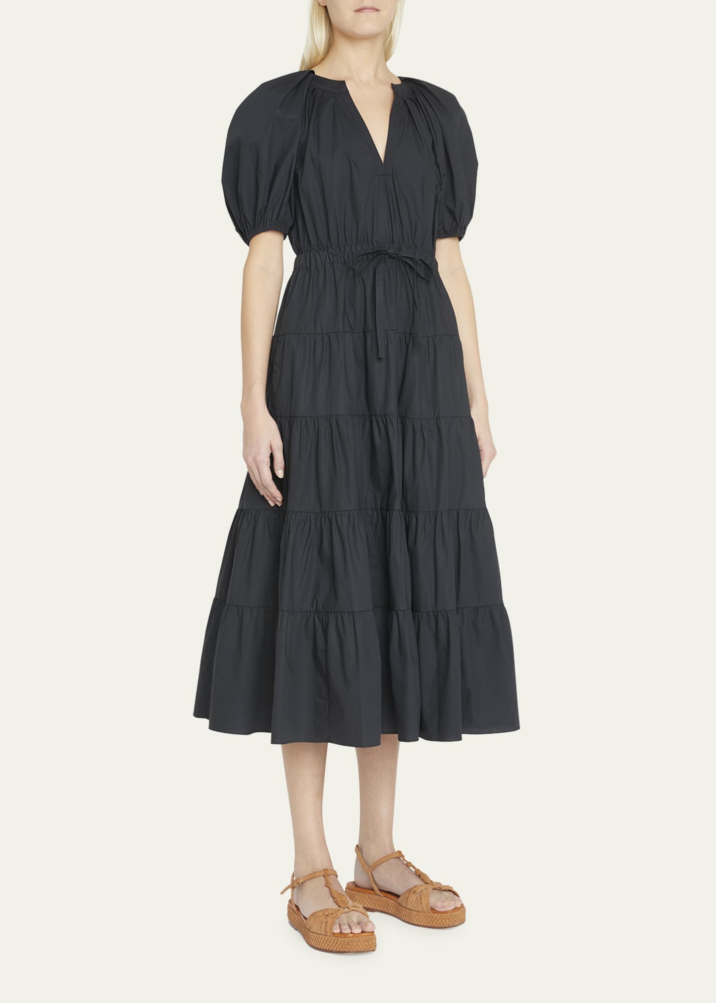 Ulla Johnson Olina Spit-Neck Tiered Poplin Midi Dress - Bergdorf Goodman