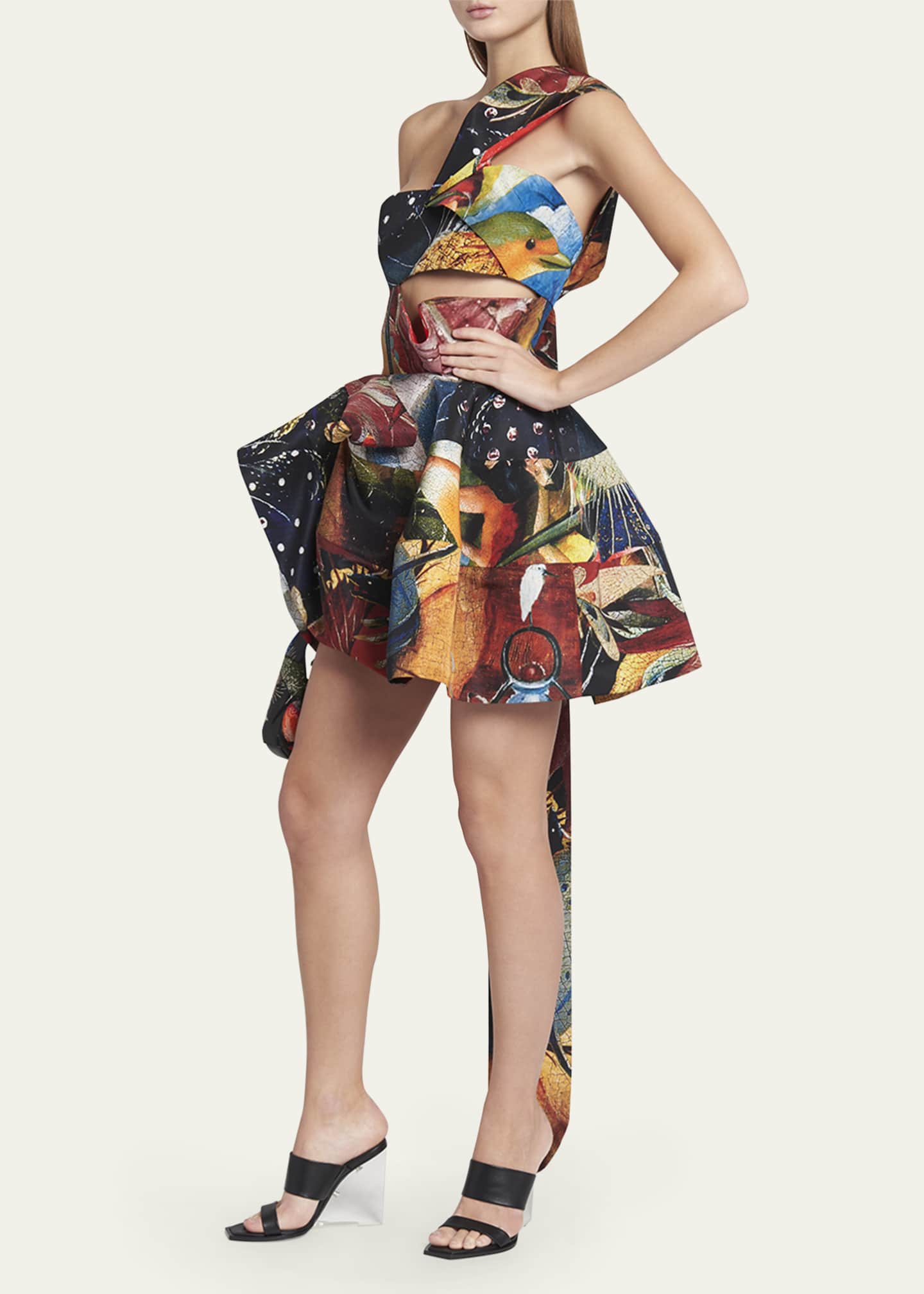 Alexander McQueen Patchwork-Print Draped Cutout One-Shoulder Mini Dress - Bergdorf Goodman