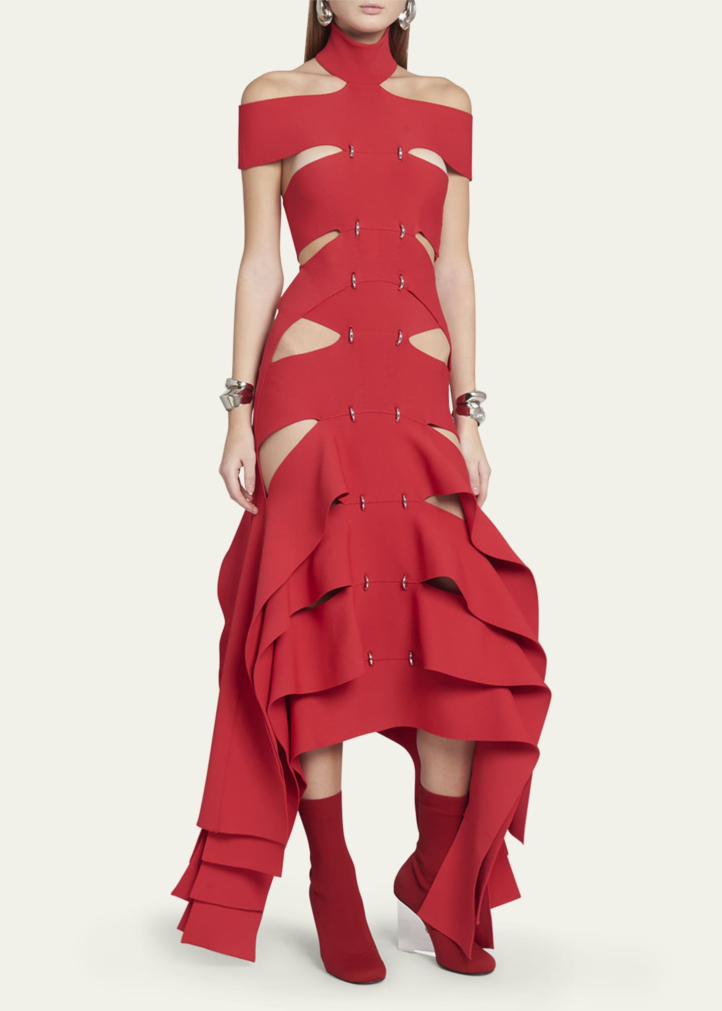 Alexander McQueen Cold-Shoulder Tiered Bandage Dress with Side Cutouts ...