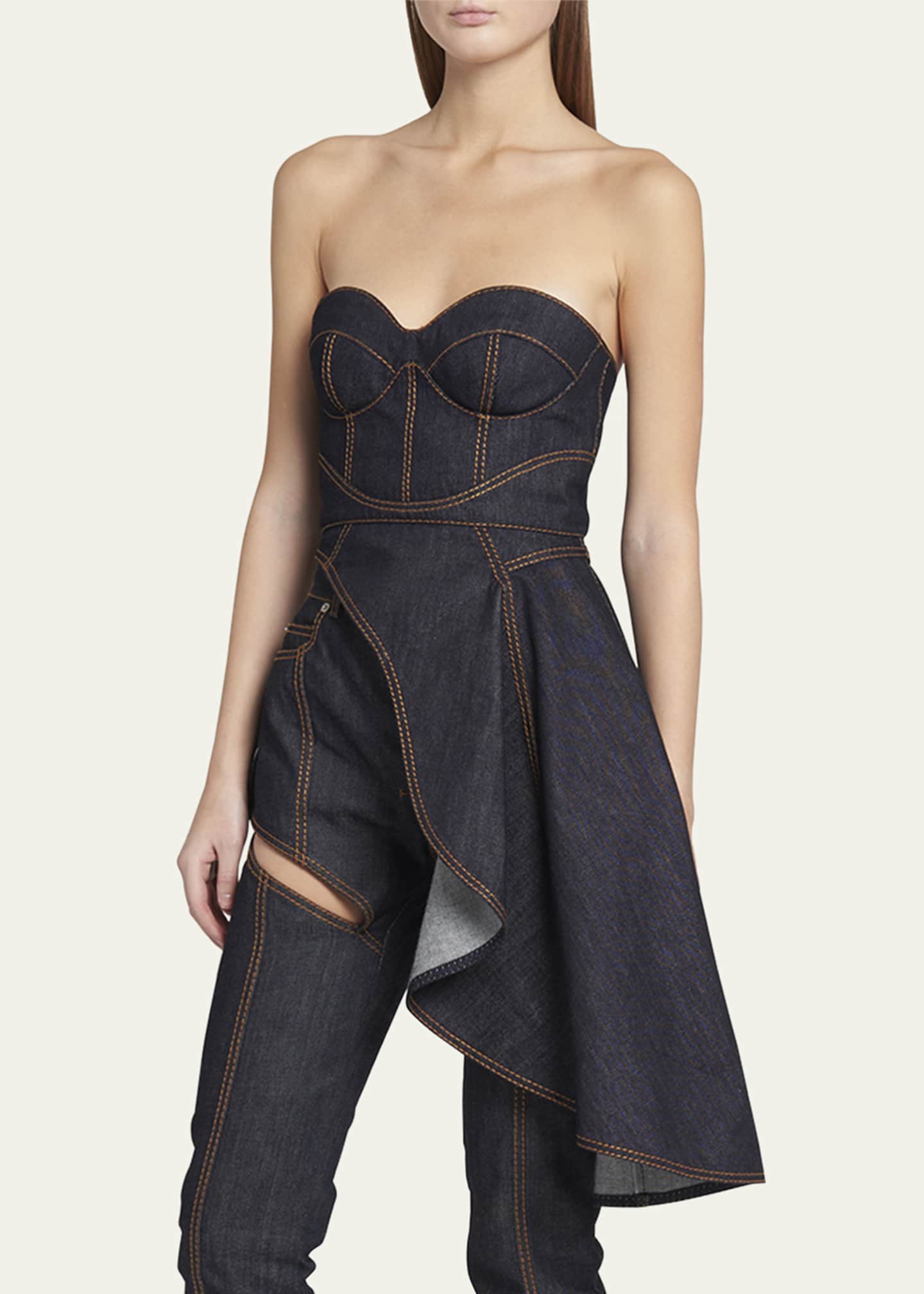 Alexander McQueen Asymmetric Peplum Denim Bustier Top - Bergdorf Goodman