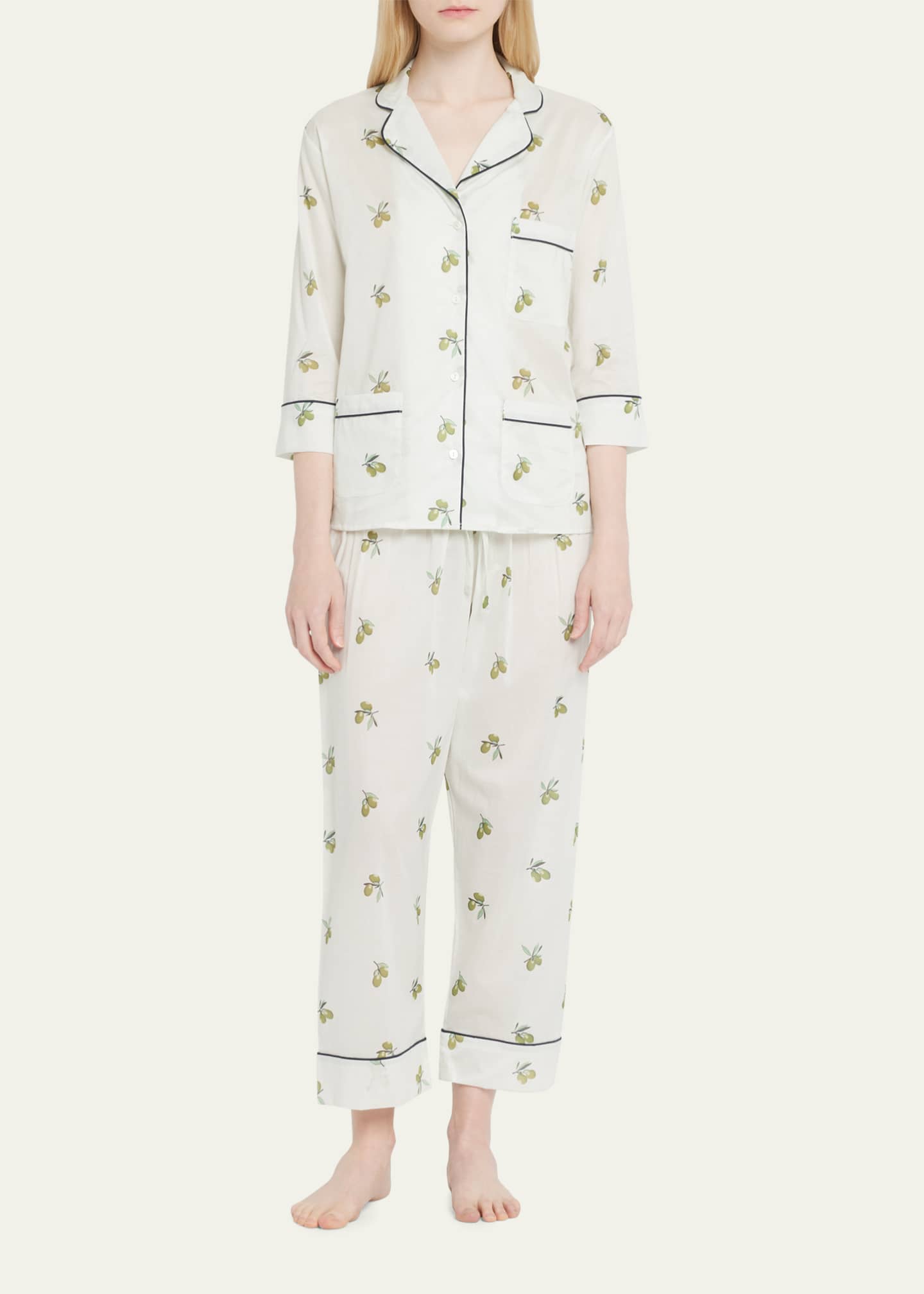 Pour Les Femmes Cropped Olive-Print Egyptian Cotton Pajama Set - Bergdorf Goodman