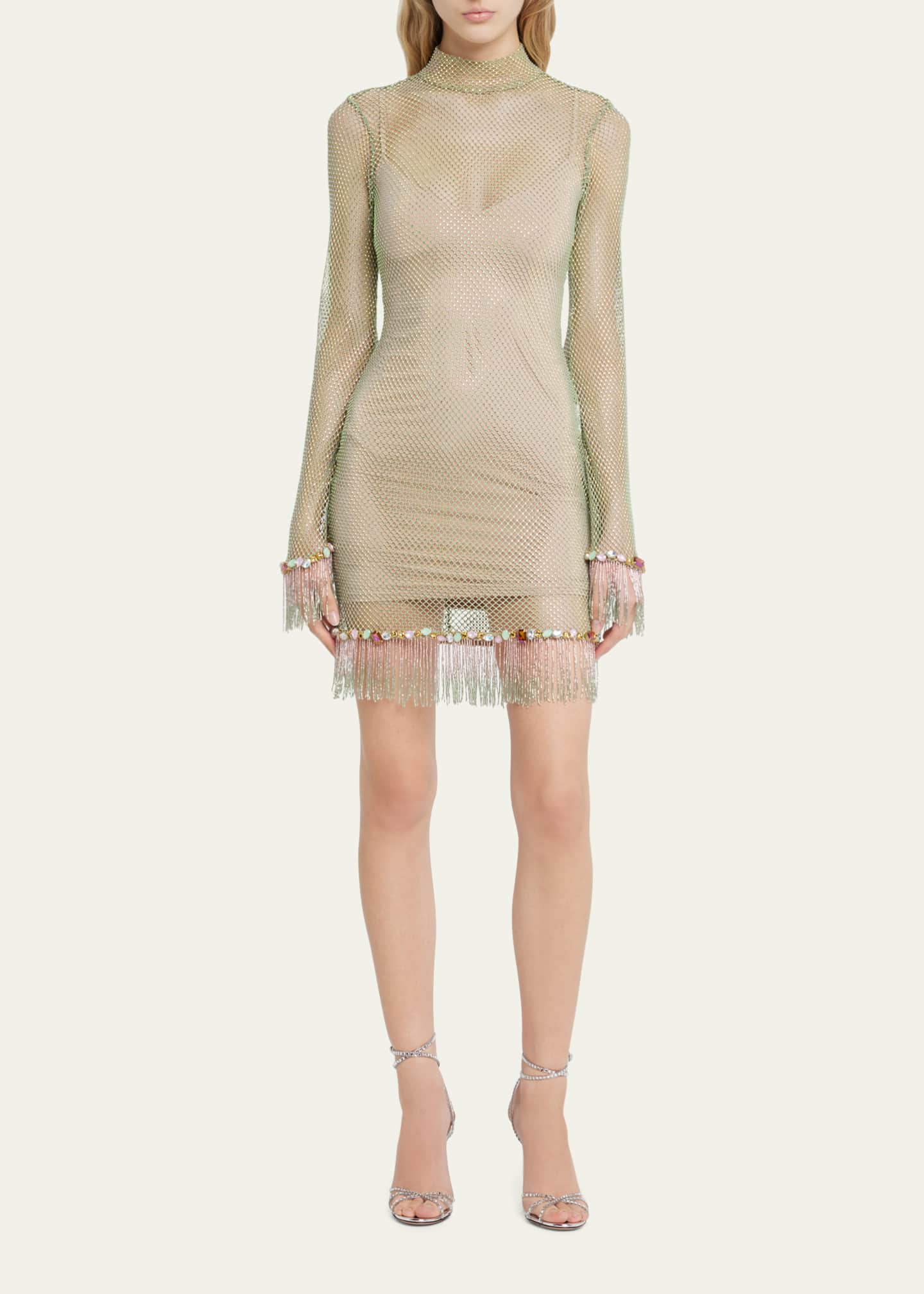 PatBO Hand-Beaded Rhinestone Netted Bell-Sleeve Mini Dress - Bergdorf ...