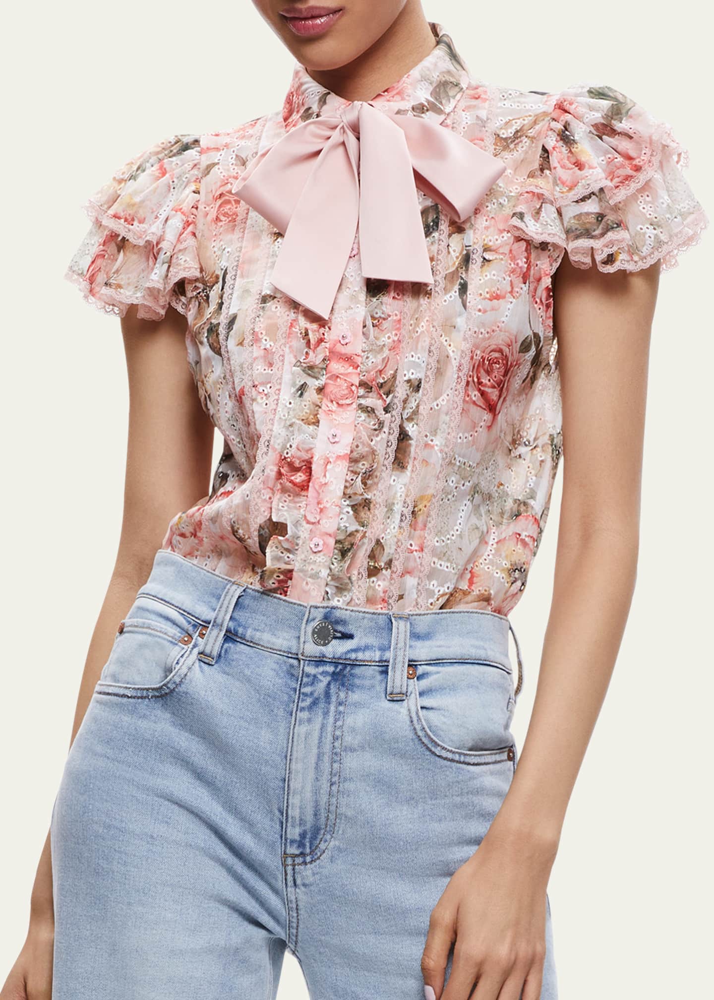 Alice + Olivia Minda Ruffle-Sleeve Neck-Tie Blouse - Bergdorf Goodman Alice + Olivia Minda Ruffle-Sleeve Neck-Tie Blouse - Bergdorf Goodman