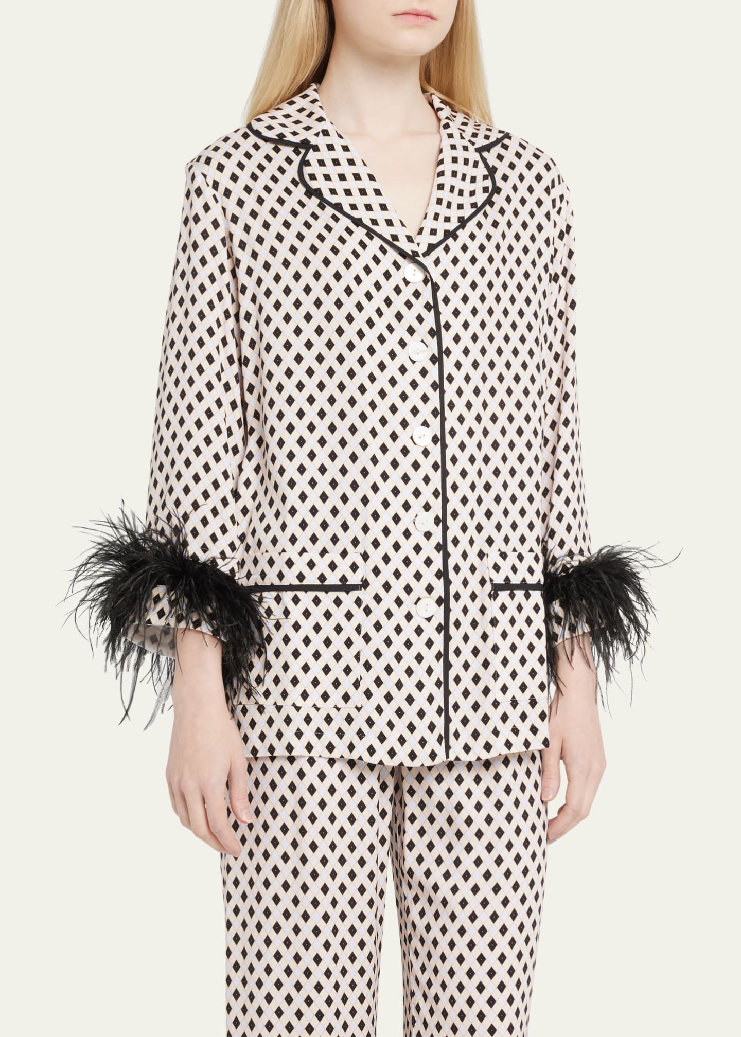 Sleeper Party Feather-Trim Diamond-Print Pajama Set - Bergdorf Goodman