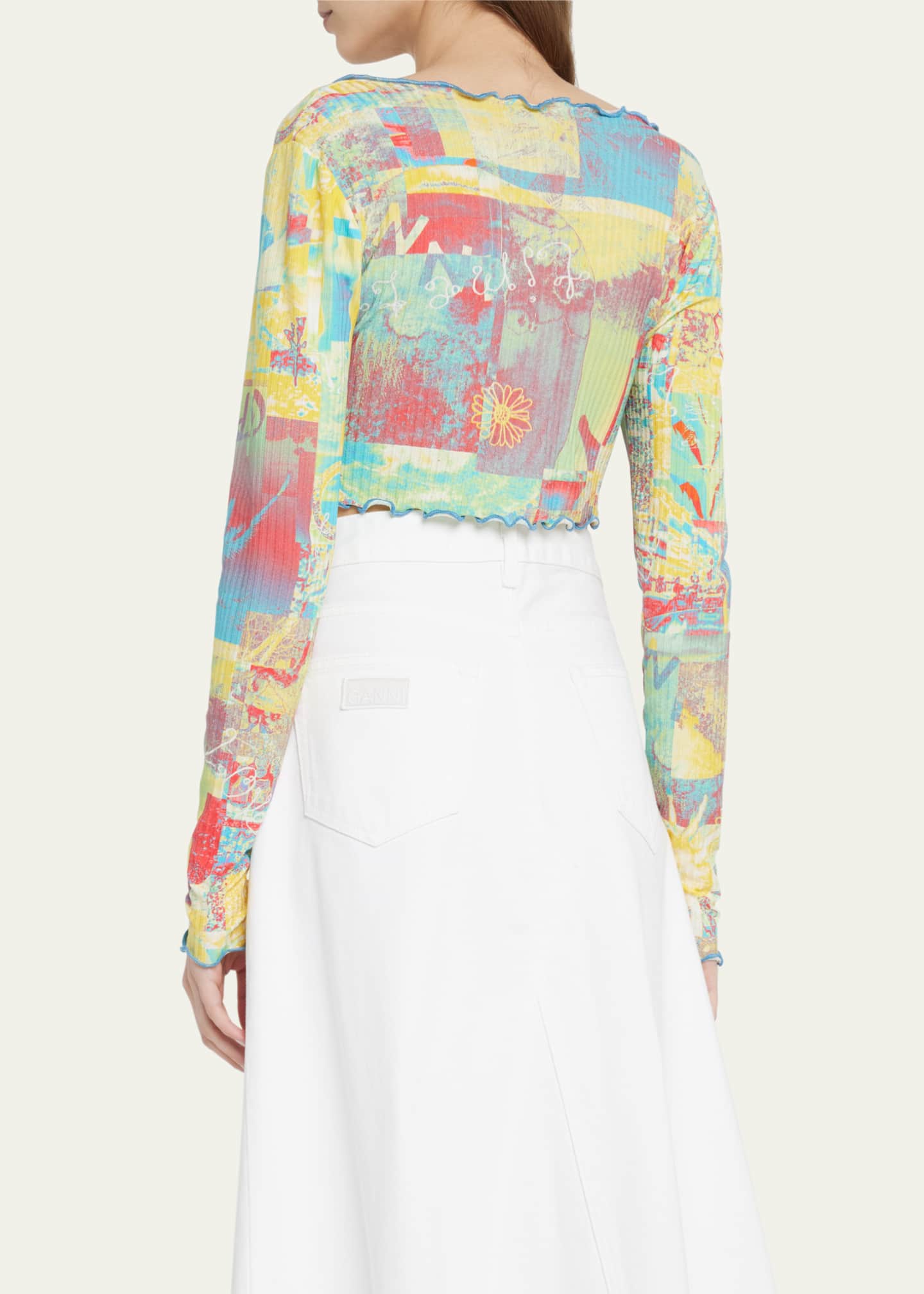 Ganni Printed Knit Front-Tie Crop Top - Bergdorf Goodman