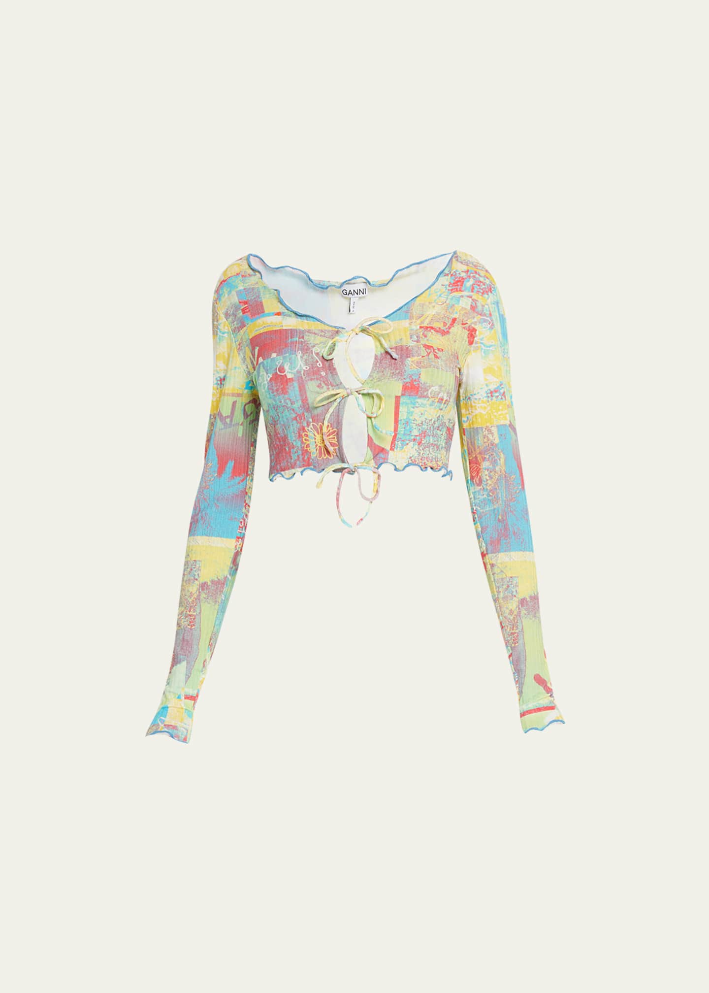 Ganni Printed Knit Front-Tie Crop Top - Bergdorf Goodman