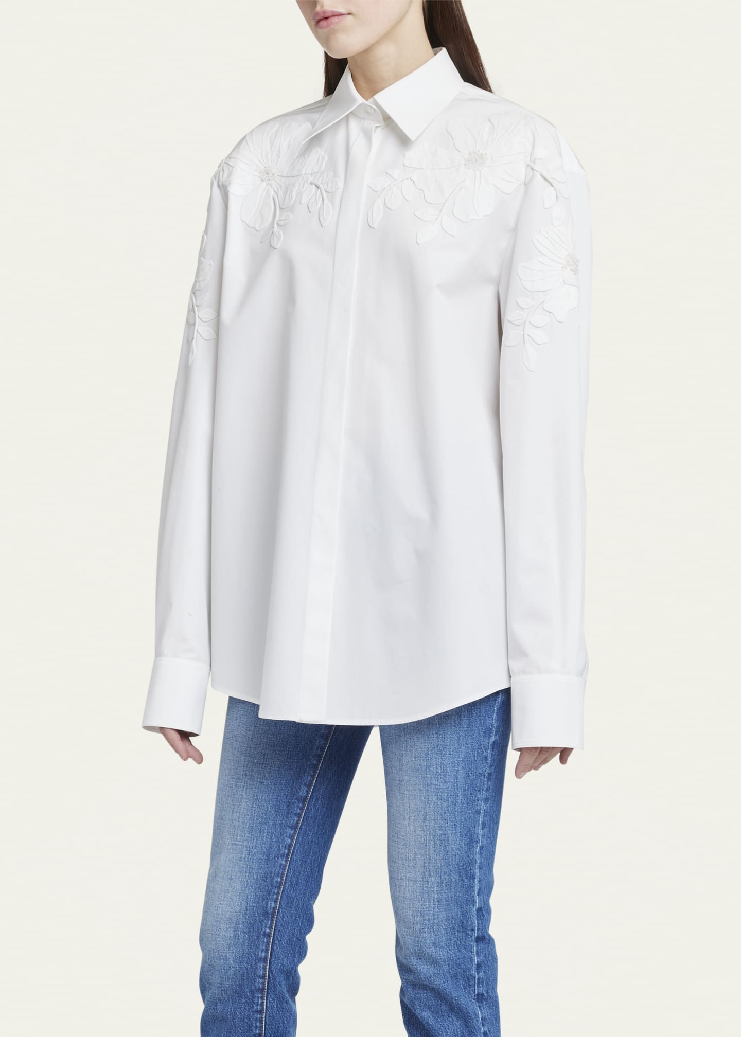 Valentino Garavani Floral Tonal Embroidered Poplin Collared Blouse ...