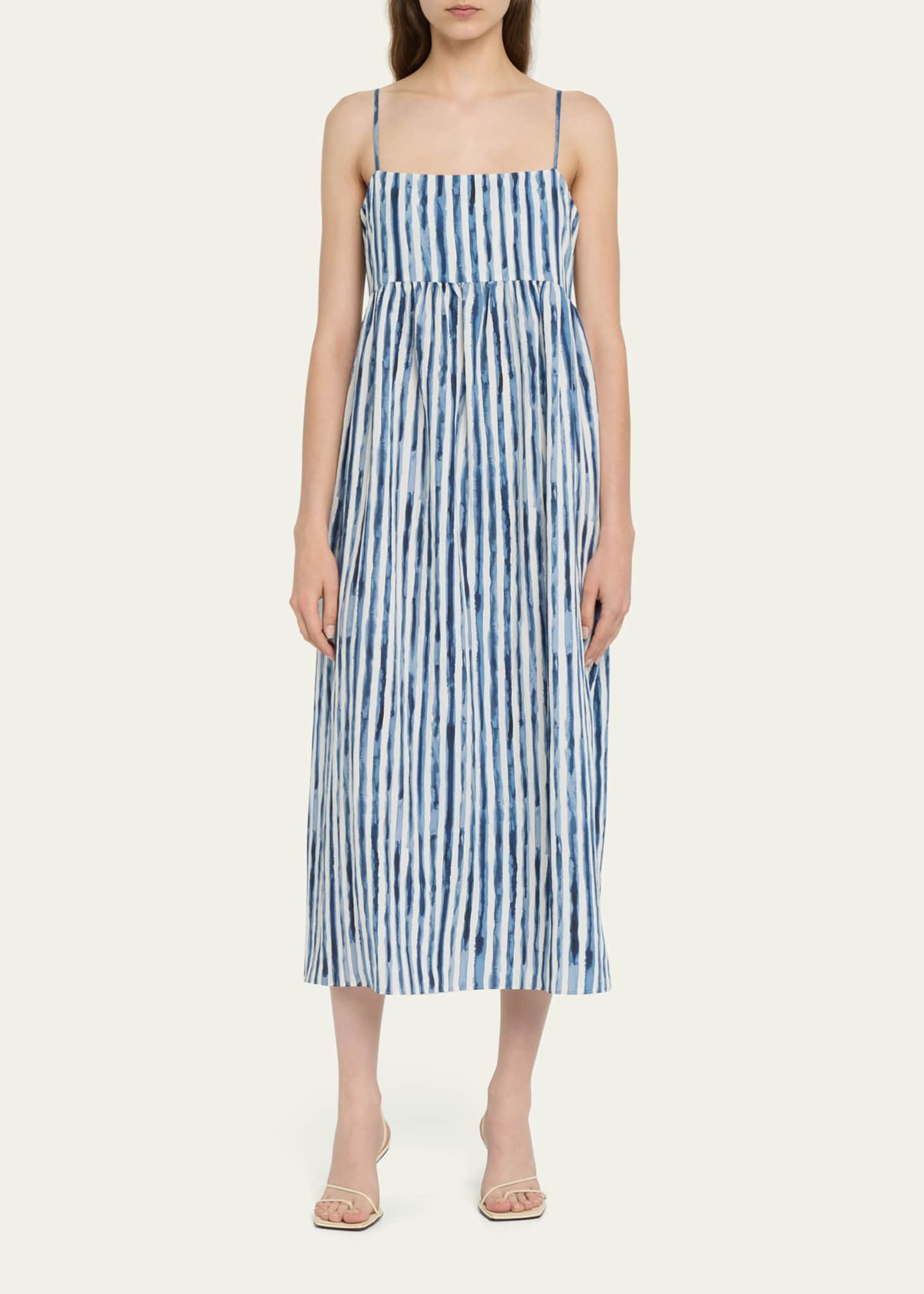 Vince Painterly Stripe Ruched Spaghetti-Strap Midi Dress - Bergdorf Goodman