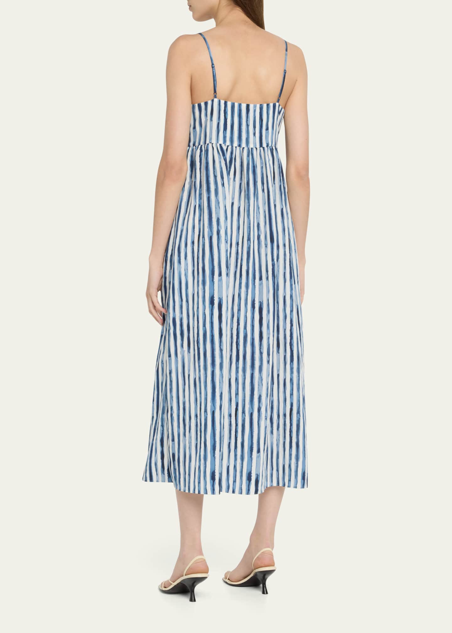 Vince Painterly Stripe Ruched Spaghetti-Strap Midi Dress - Bergdorf Goodman