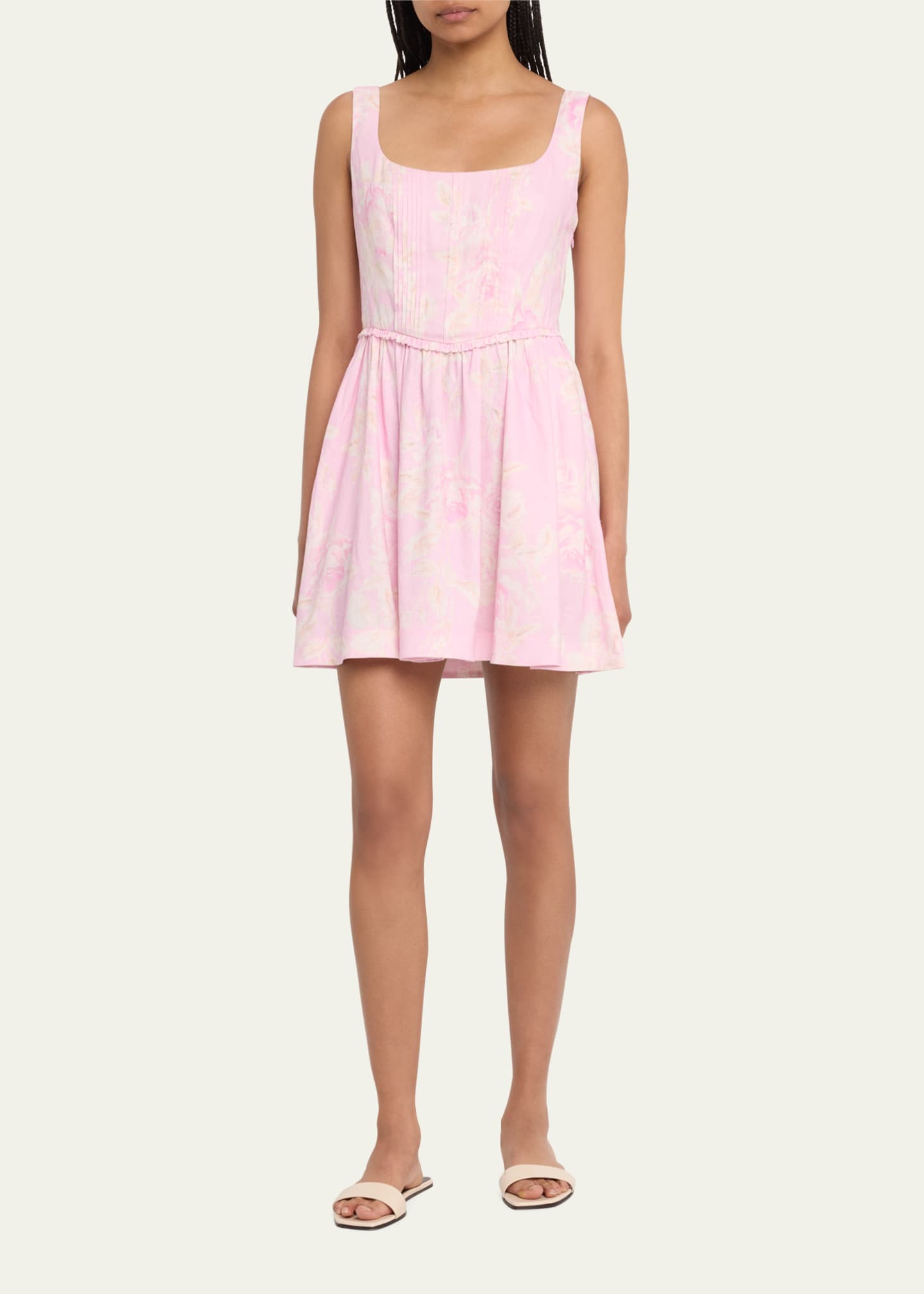 LoveShackFancy Lowery Pintuck Floral-Print Square-Neck Mini Dress ...