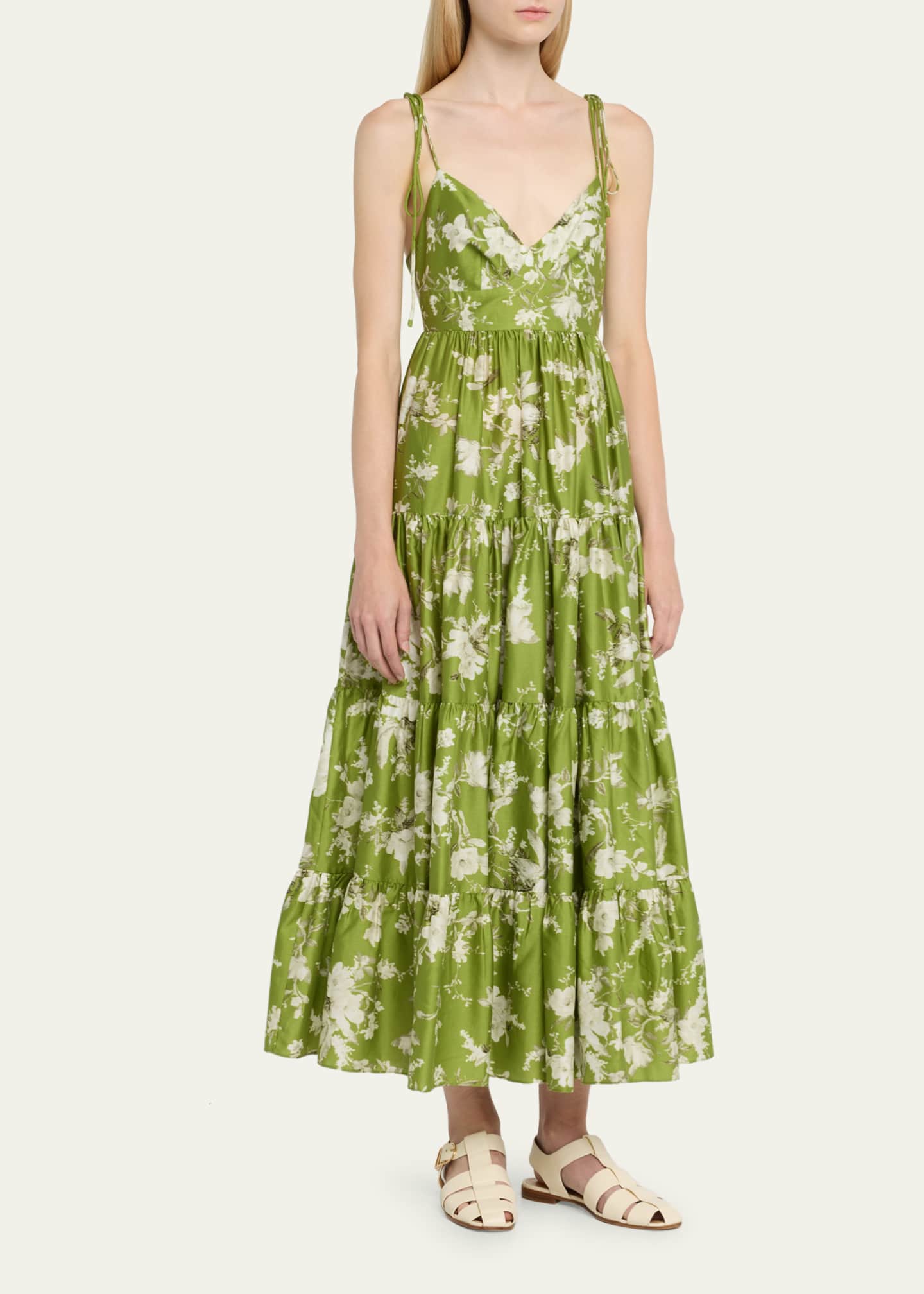 Erdem Floral-Print Tiered Maxi Dress with Tie Straps - Bergdorf Goodman